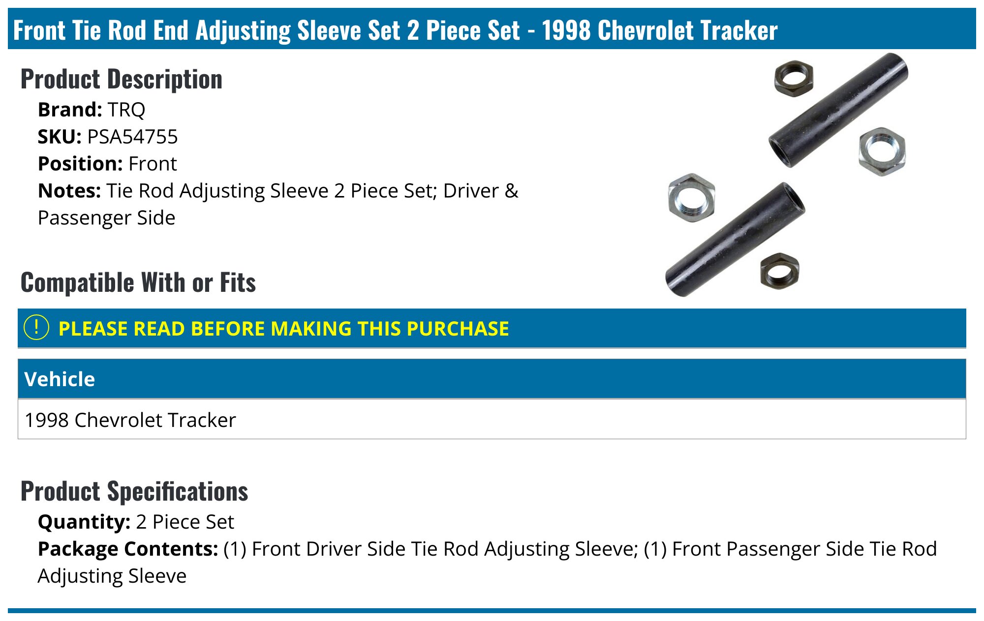 1998 Chevrolet Tracker Tie Rod End Adjusting Sleeve - TRQ PSA54755 ...