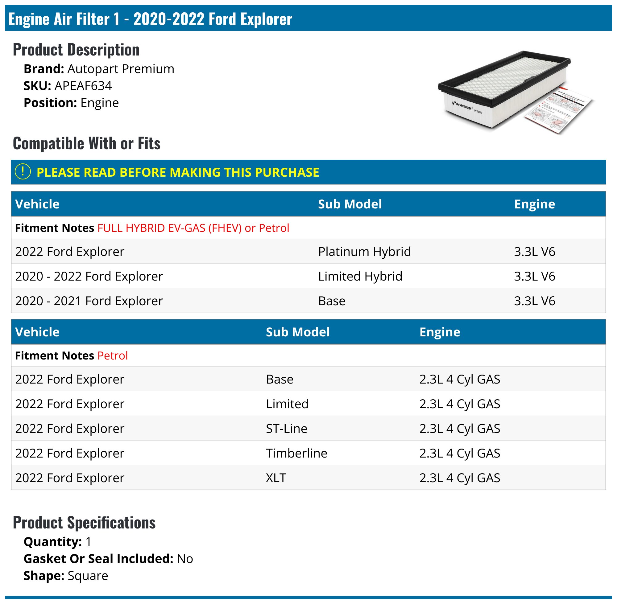 2020-2023 Ford Explorer Air Filter - Autopart Premium APEAF634 ...
