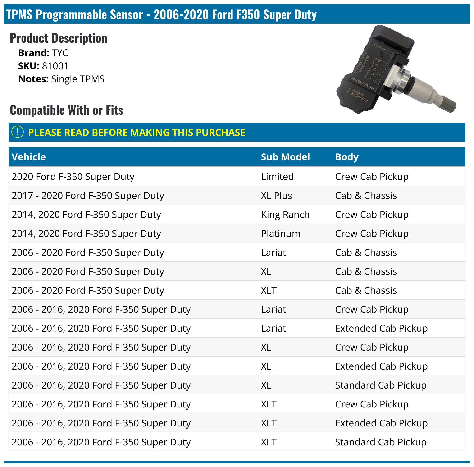 2006-2020 Ford F350 Super Duty Tire Pressure Monitoring Sensor - TYC ...