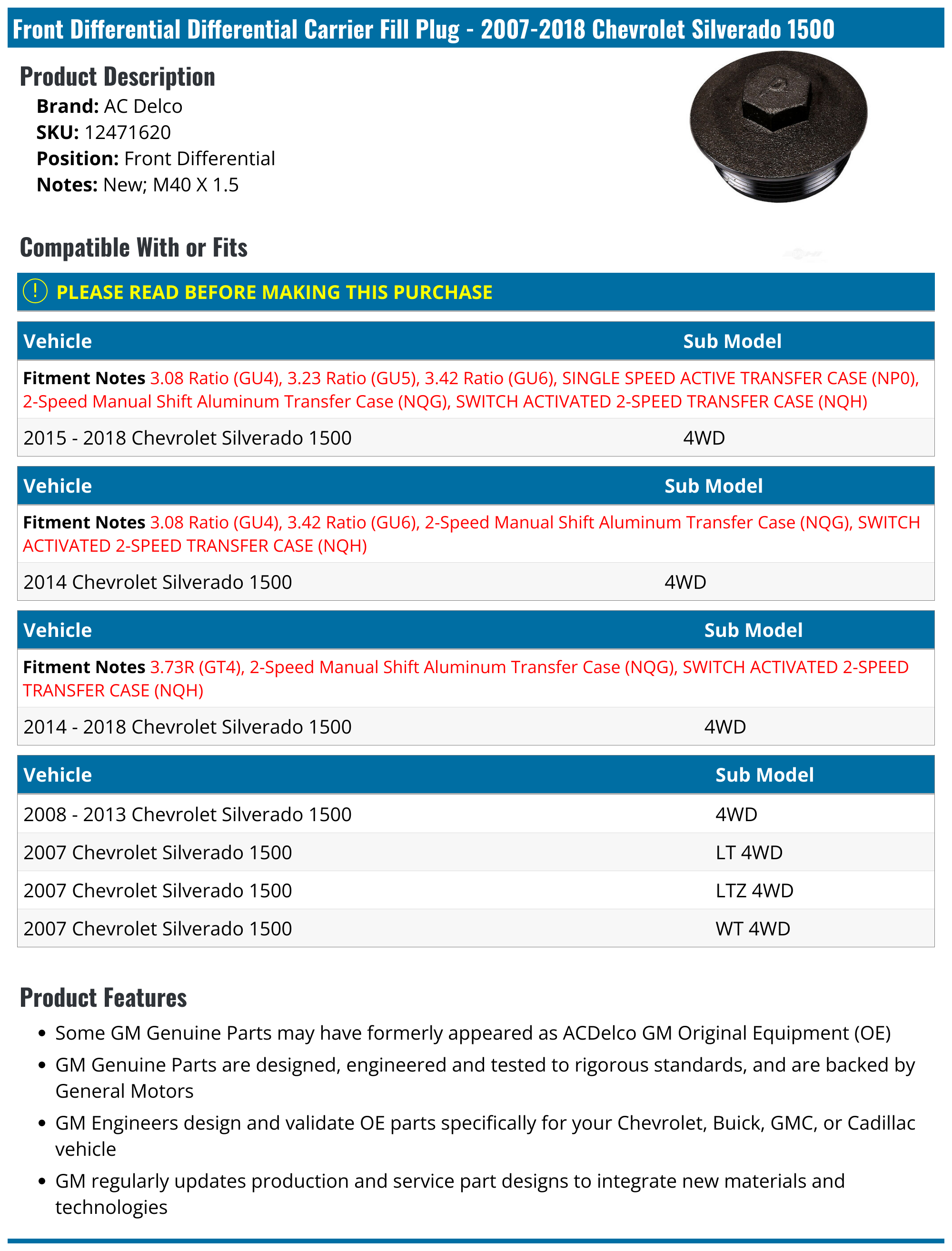 2007-2018 Chevrolet Silverado 1500 Differential Carrier Fill Plug - AC ...