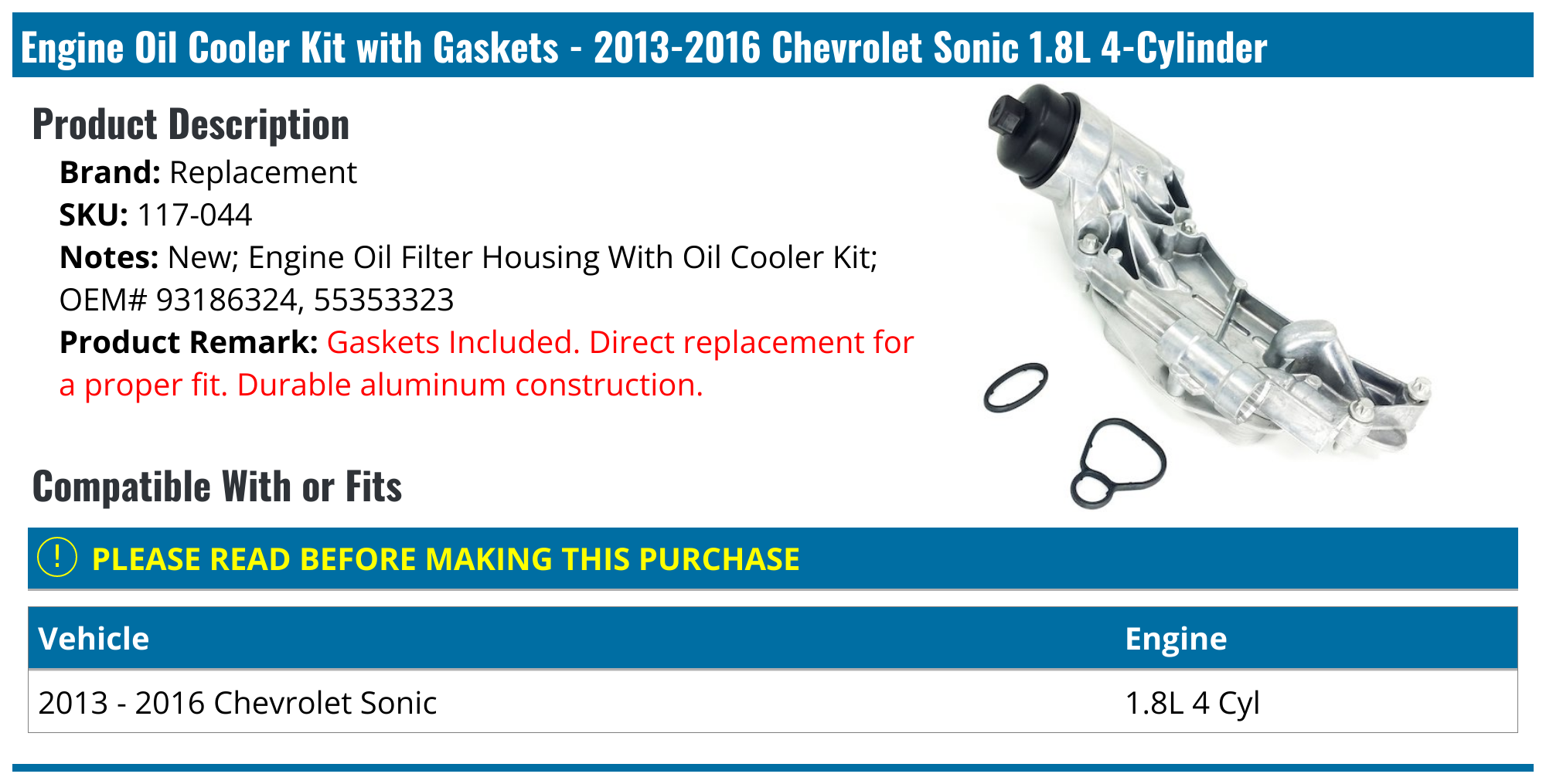 2013-2016 Chevrolet Sonic Oil Cooler - Replacement 117-044 ...