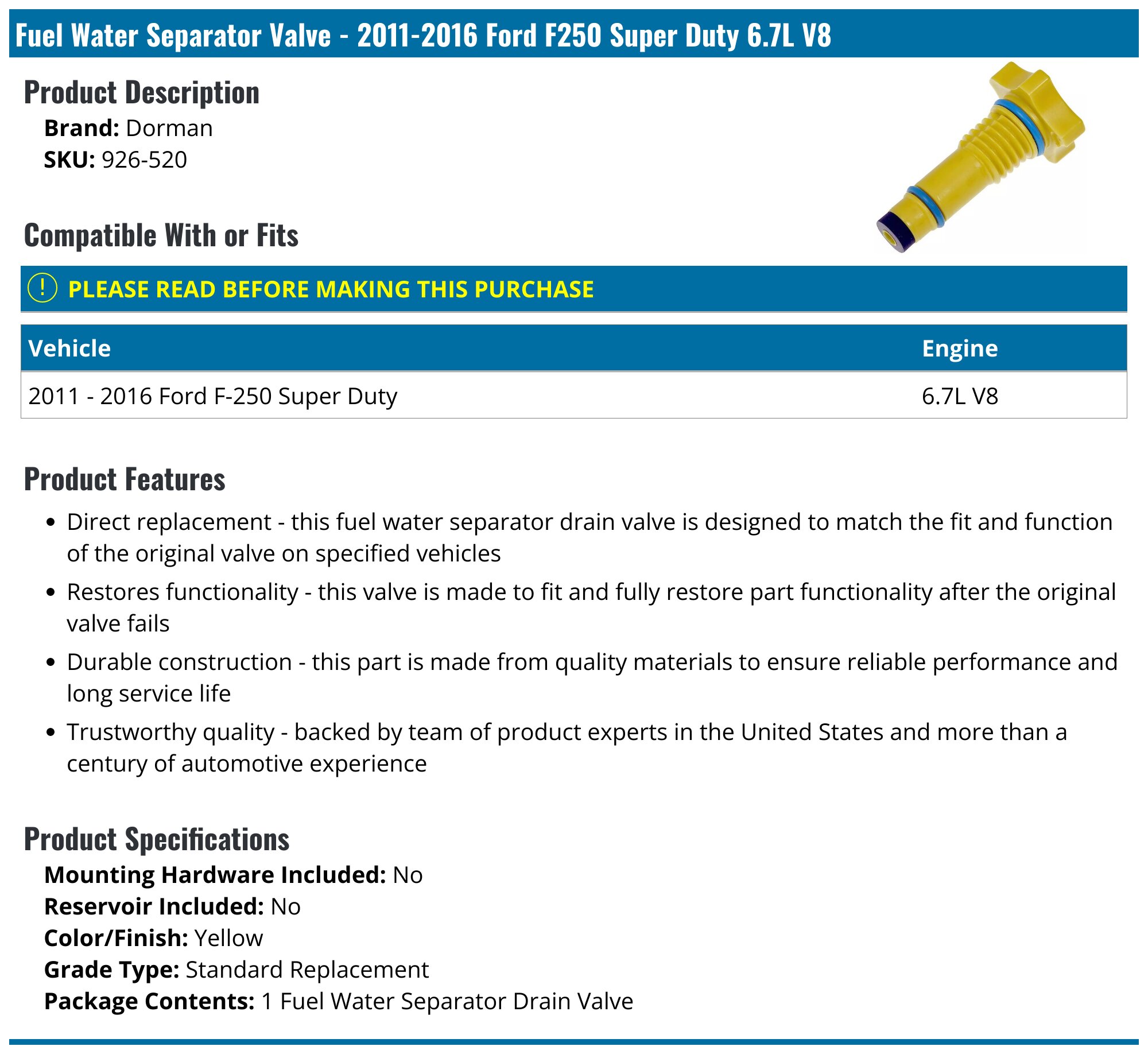 2011-2016 Ford F250 Super Duty Fuel Water Separator Valve - Dorman 926 ...