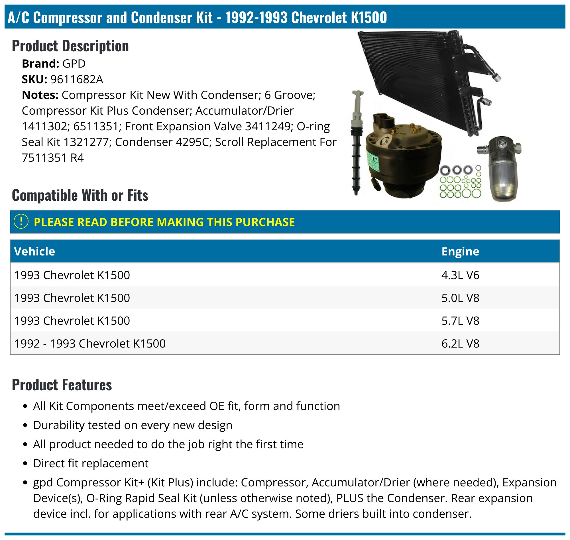 1992-1993 Chevrolet K1500 A/C Compressor - GPD 9611682A - PartsGeek.com