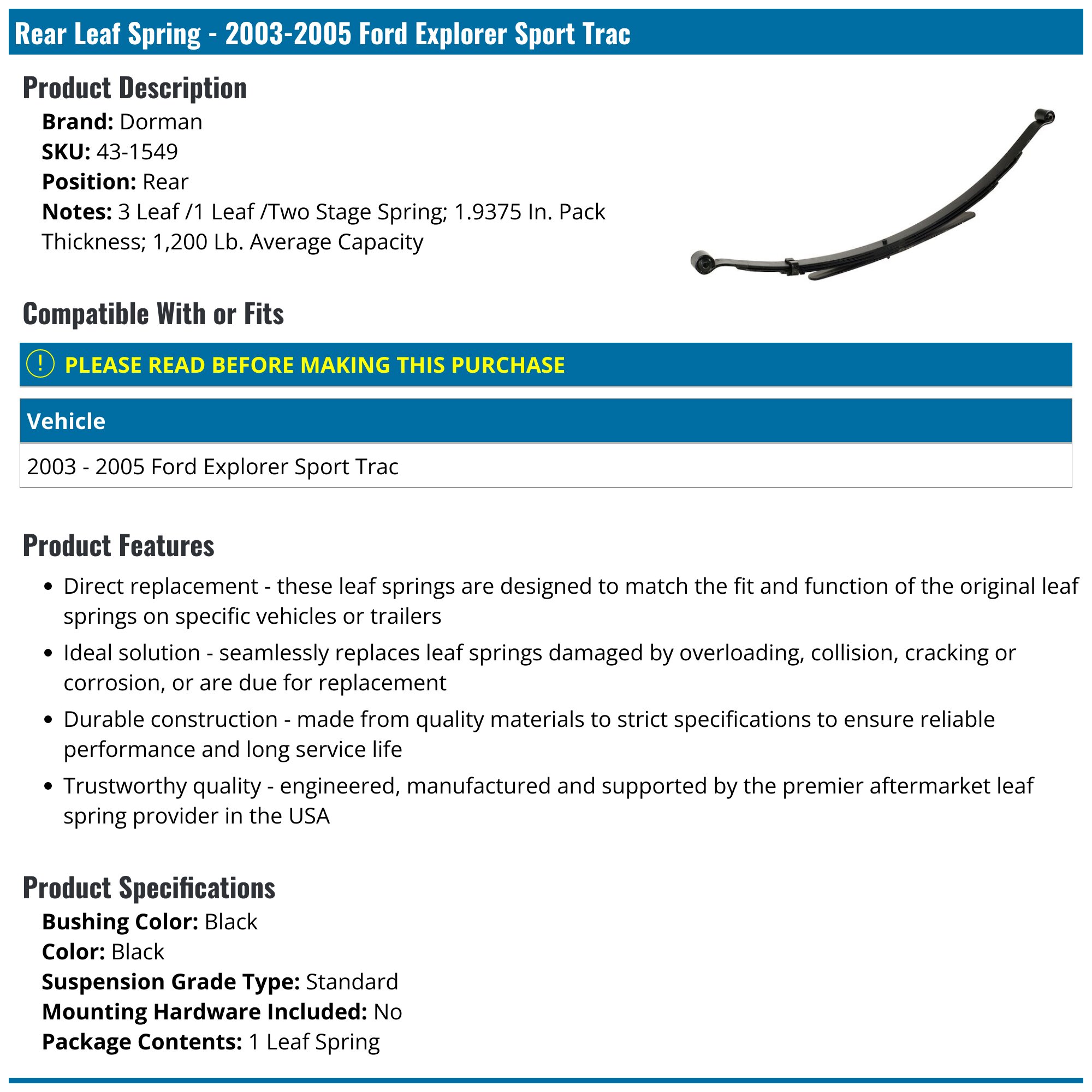 2003-2005 Ford Explorer Sport Trac Leaf Spring - Dorman 43-1549 - Rear ...