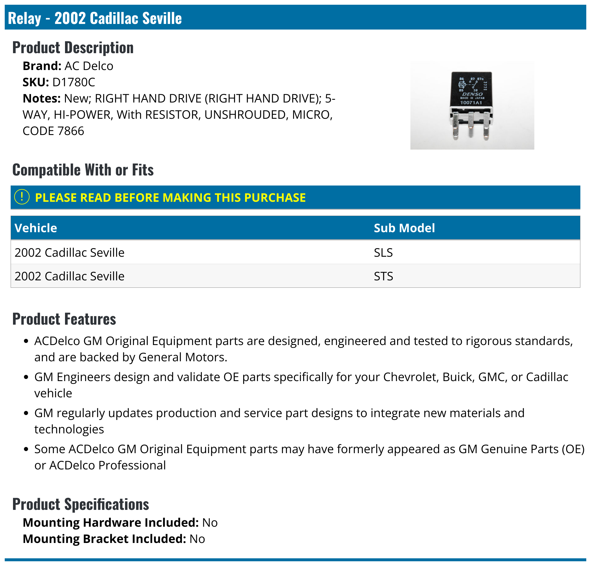 1996-1998 Cadillac Seville Relay - AC Delco D1780C - PartsGeek.com