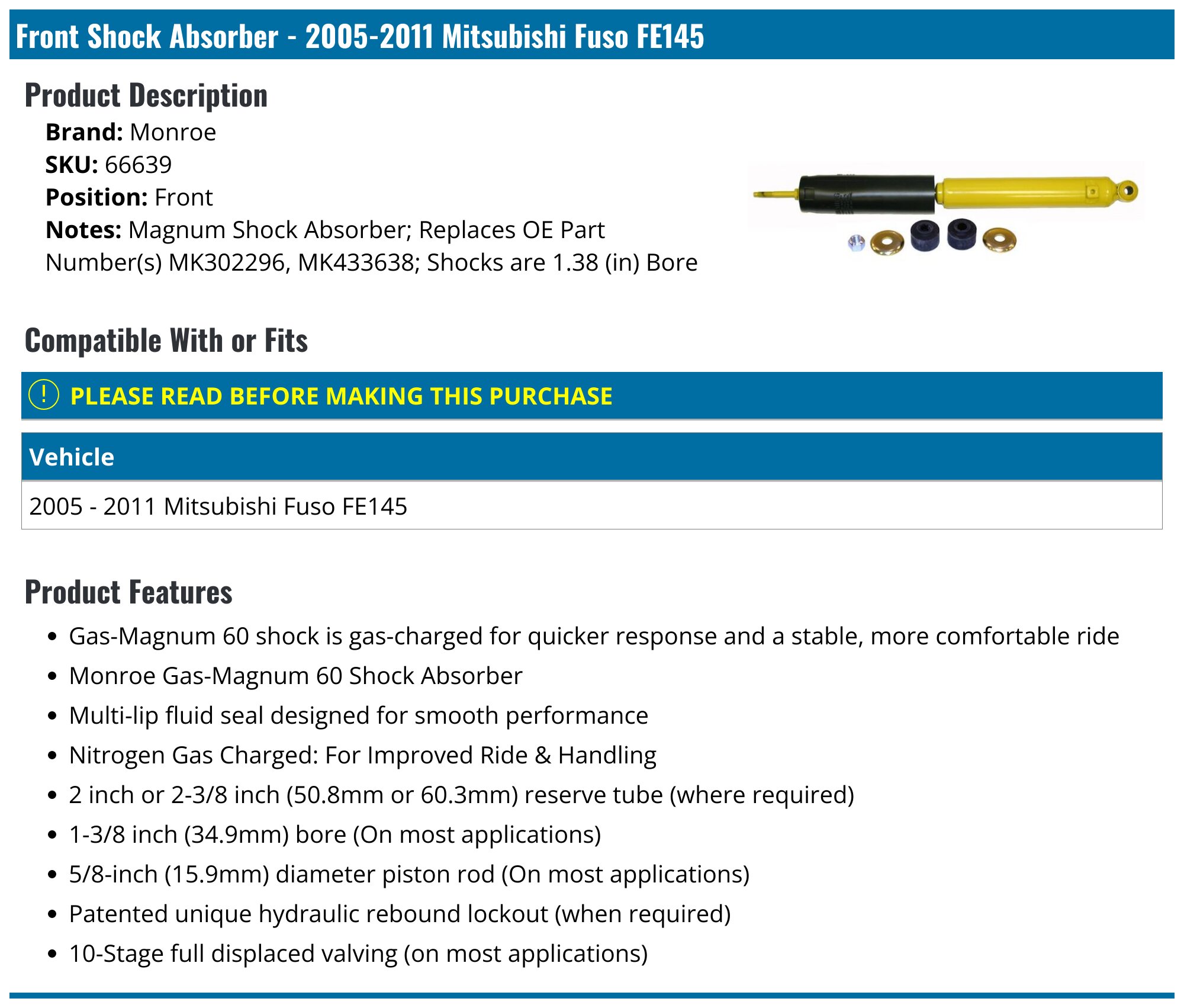 2005-2011 Mitsubishi Fuso FE145 Shock Absorber - Monroe 66639 - Front ...