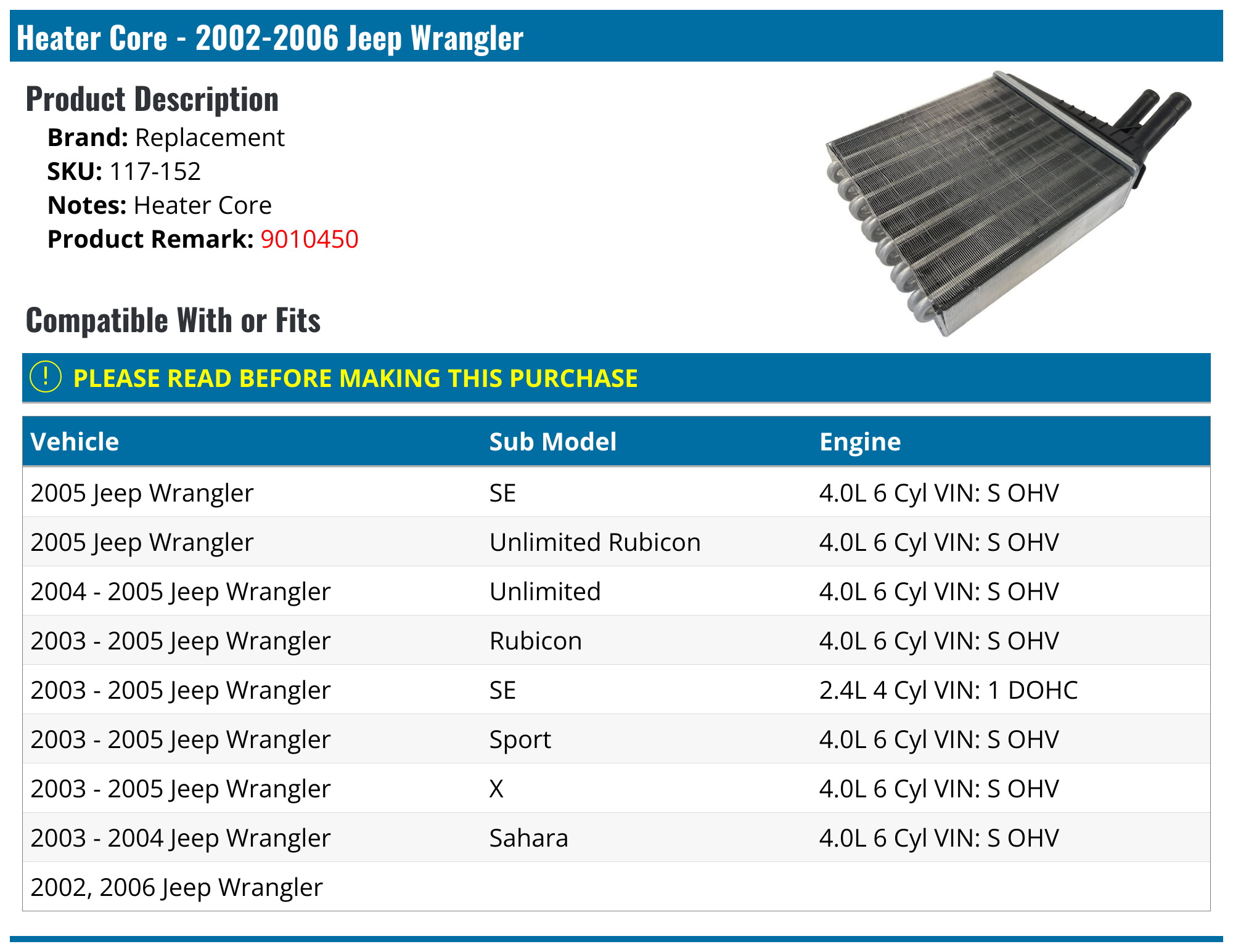 2002-2006 Jeep Wrangler Heater Core - Replacement 117-152 - PartsGeek.com
