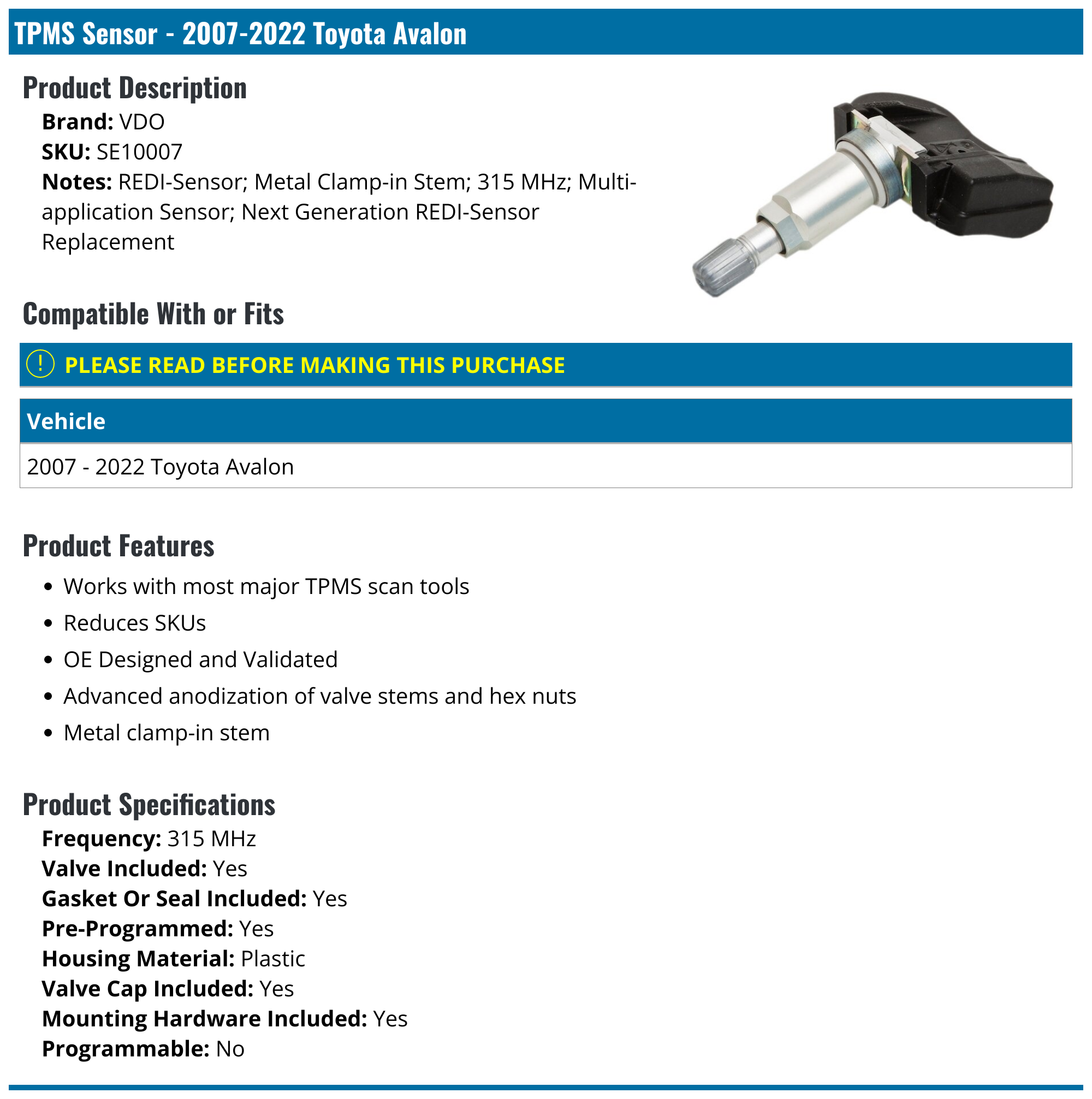 2007-2022 Toyota Avalon Tire Pressure Monitoring Sensor - VDO SE10007 ...