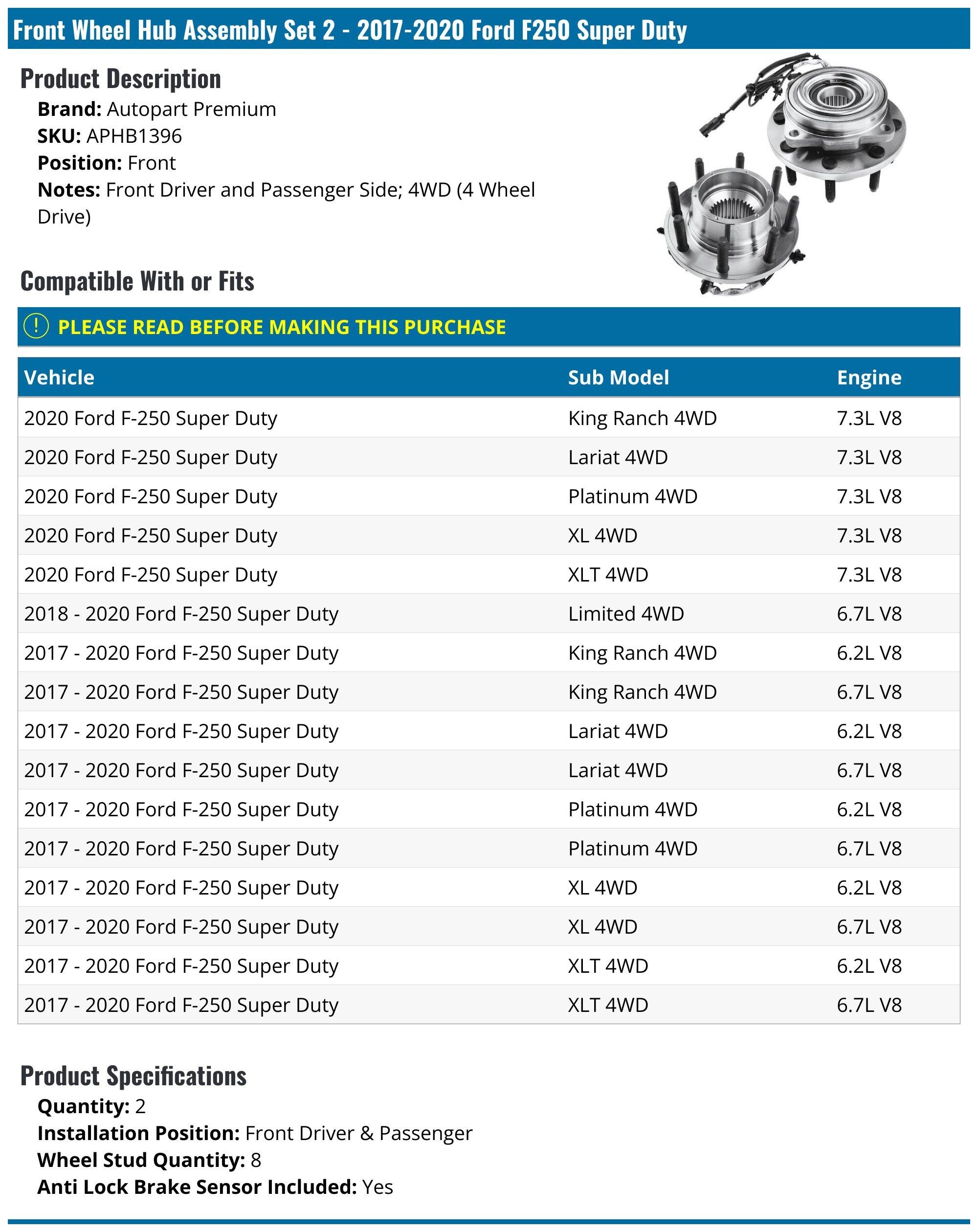 2017-2020 Ford F250 Super Duty Wheel Hub Assembly - Autopart Premium ...