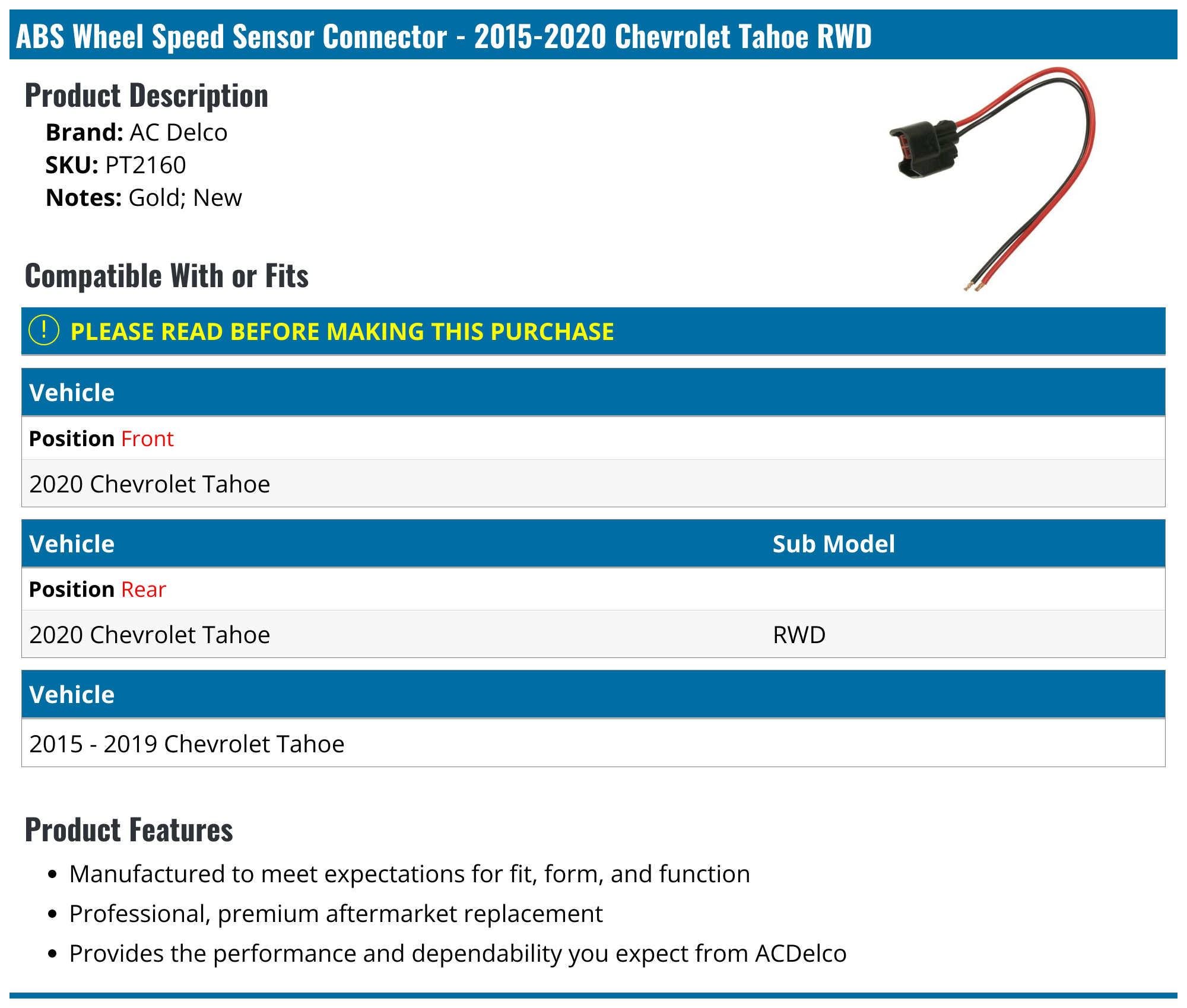 2015-2020 Chevrolet Tahoe ABS Wheel Speed Sensor Connector - AC Delco ...