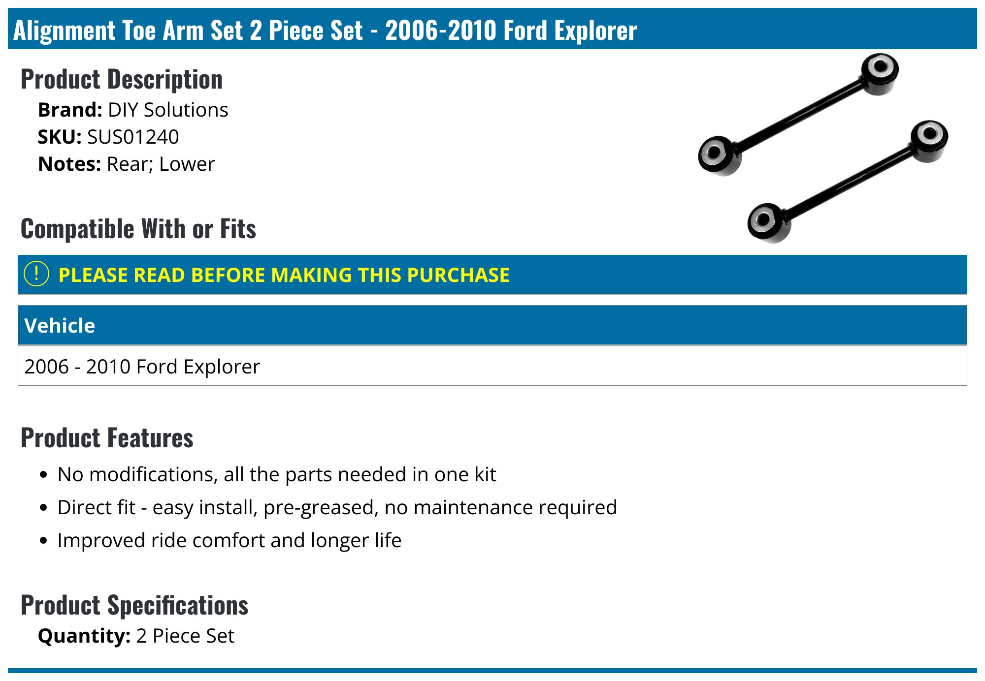 2006-2010 Ford Explorer Alignment Toe Arm - DIY Solutions SUS01240 ...