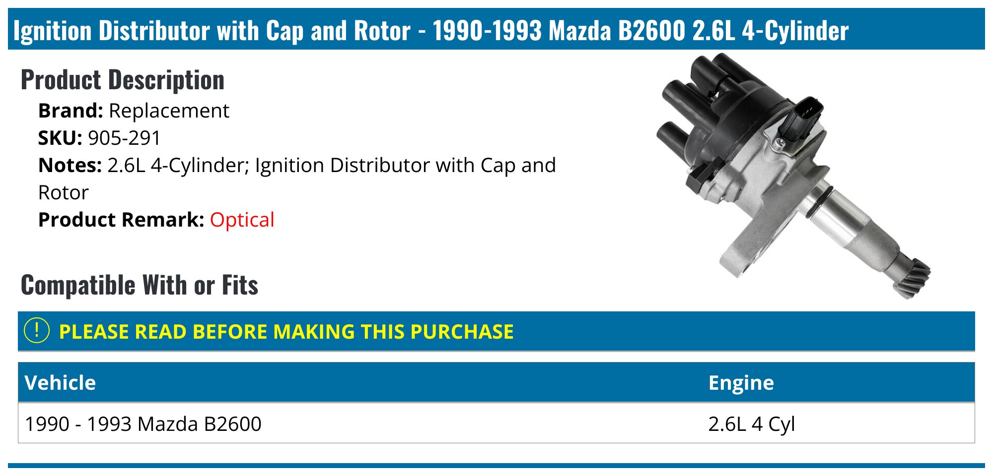 1990-1993 Mazda B2600 Ignition Distributor - Replacement 905-291 ...