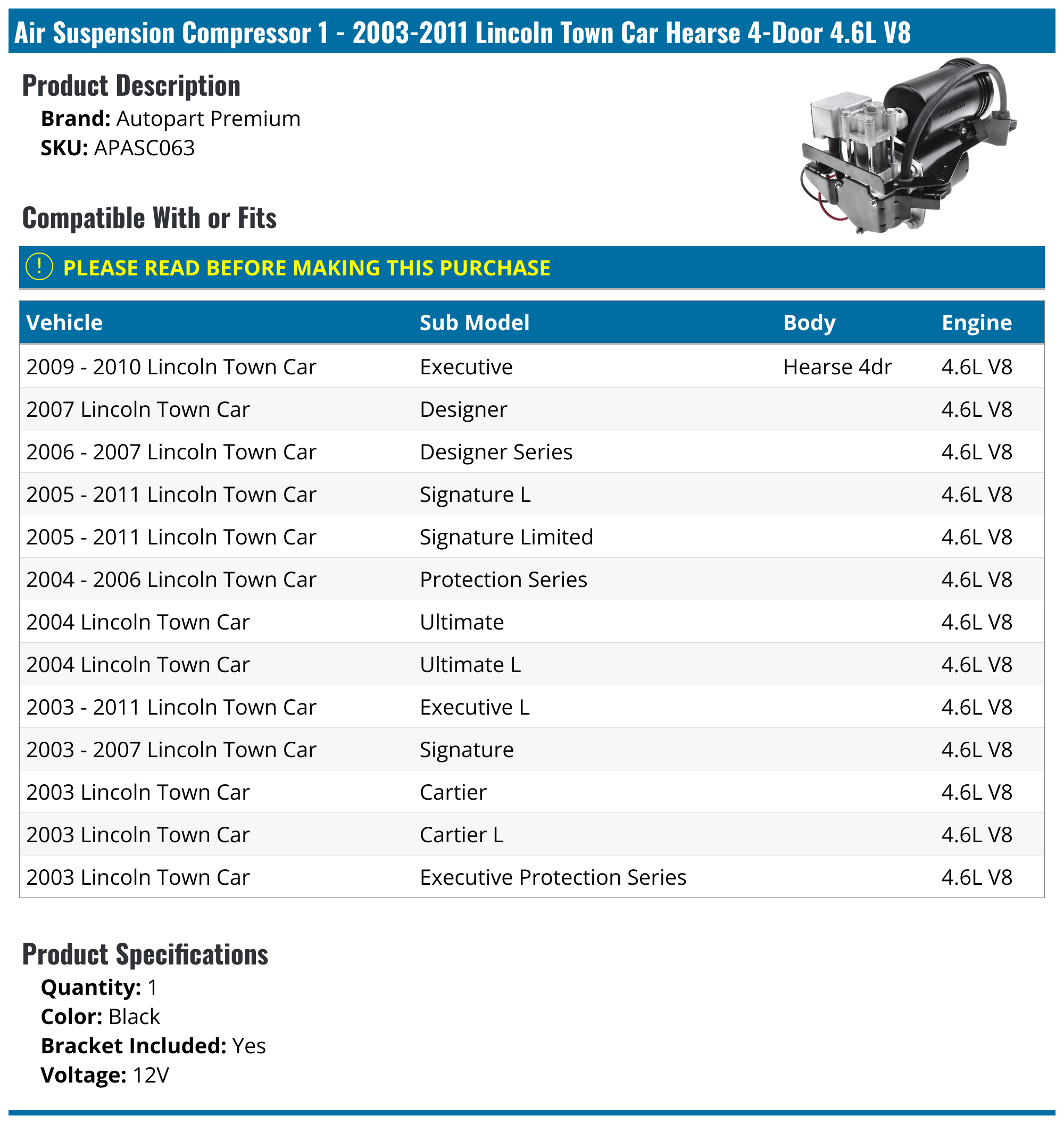 2003-2011 Lincoln Town Car Suspension Compressor - Autopart Premium ...