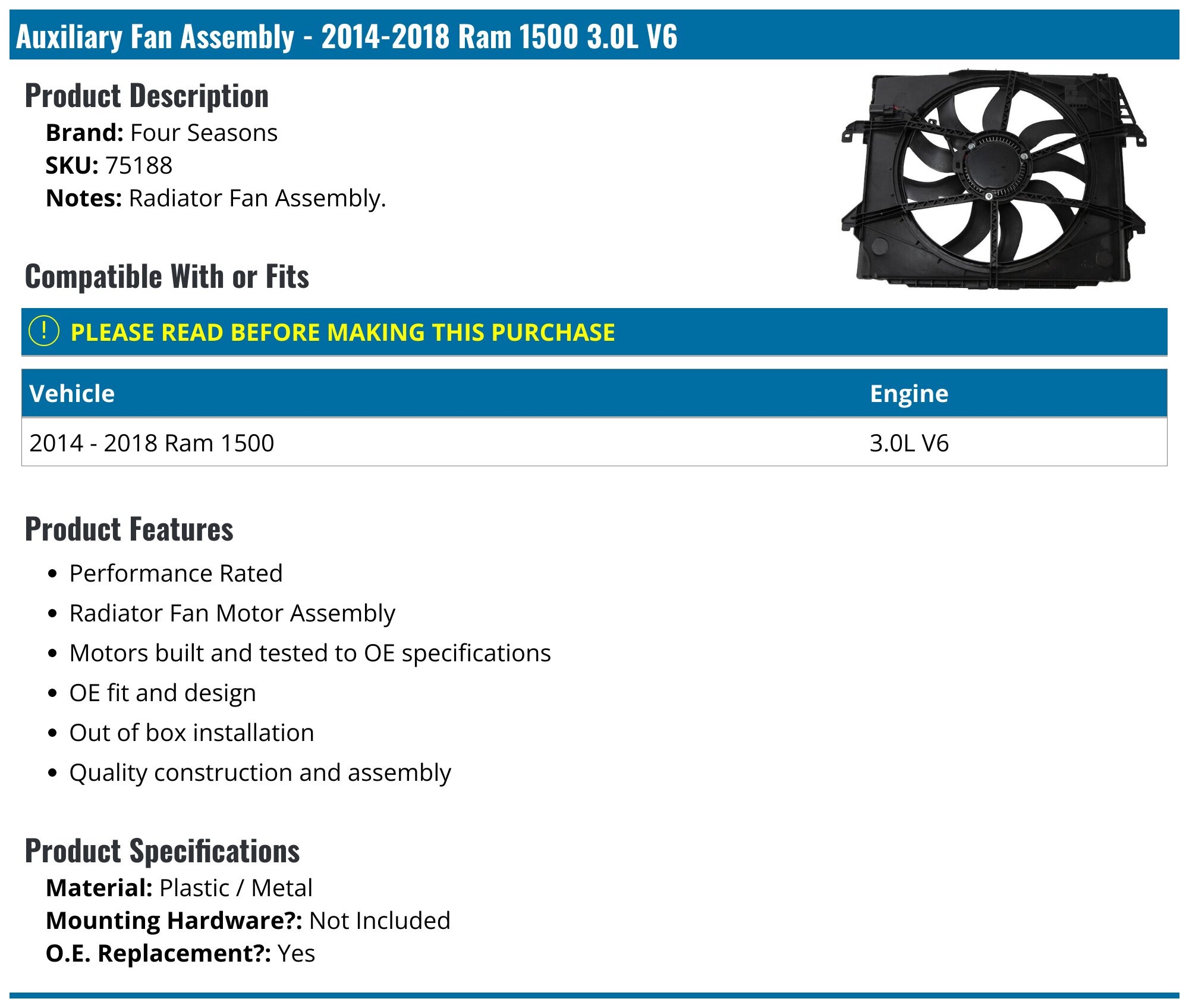 2014-2018 Ram 1500 Radiator Fan Assembly - Four Seasons 75188 ...