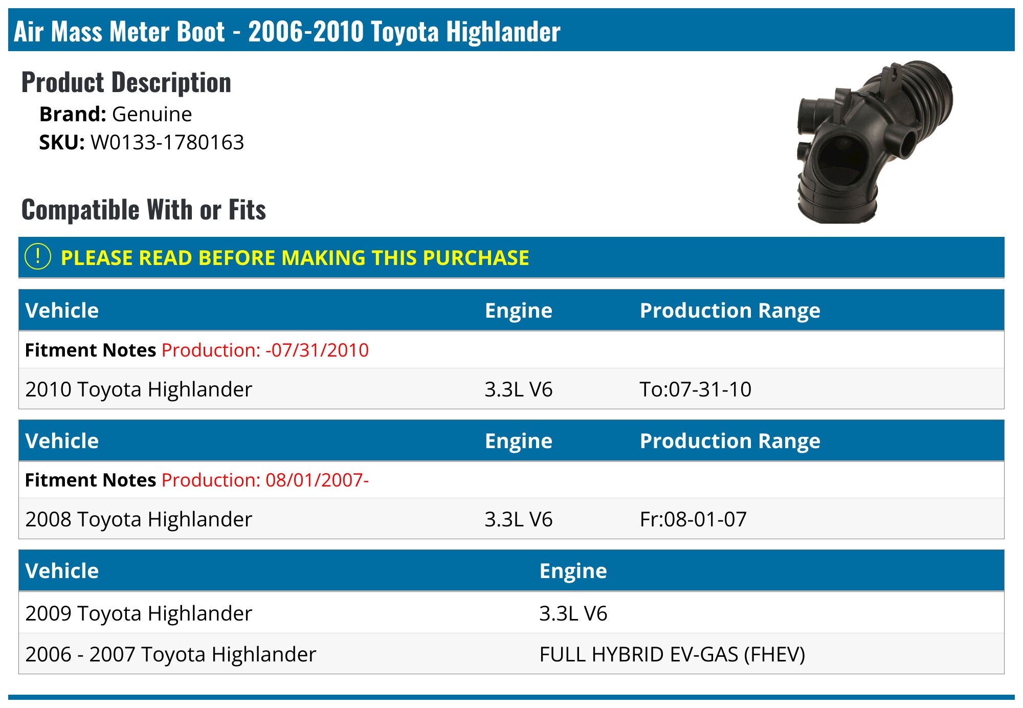 2006-2010 Toyota Highlander Air Intake Hose - Genuine W0133-1780163 ...