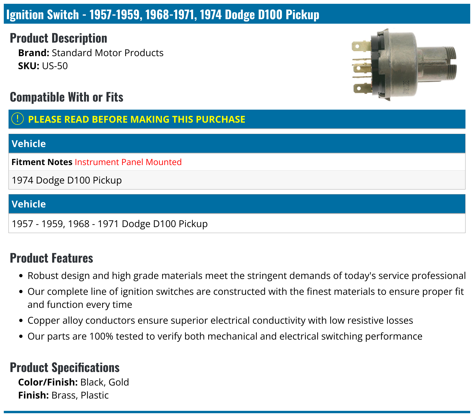 1957-1959, 1968-1971, 1974 Dodge D100 Pickup Ignition Switch - Standard ...