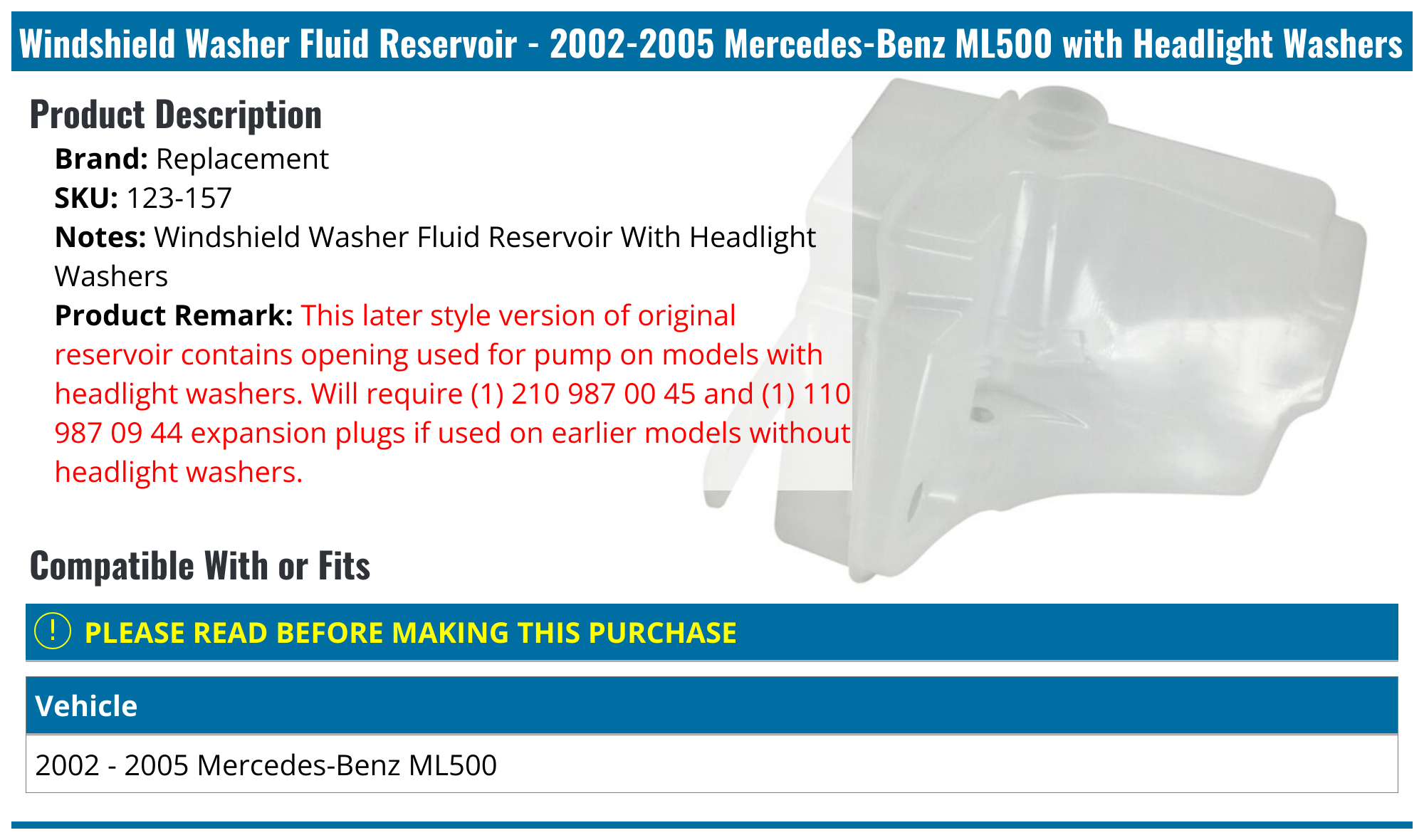 2002-2005 Mercedes ML500 Windshield Washer Tank - Replacement 123-157 ...
