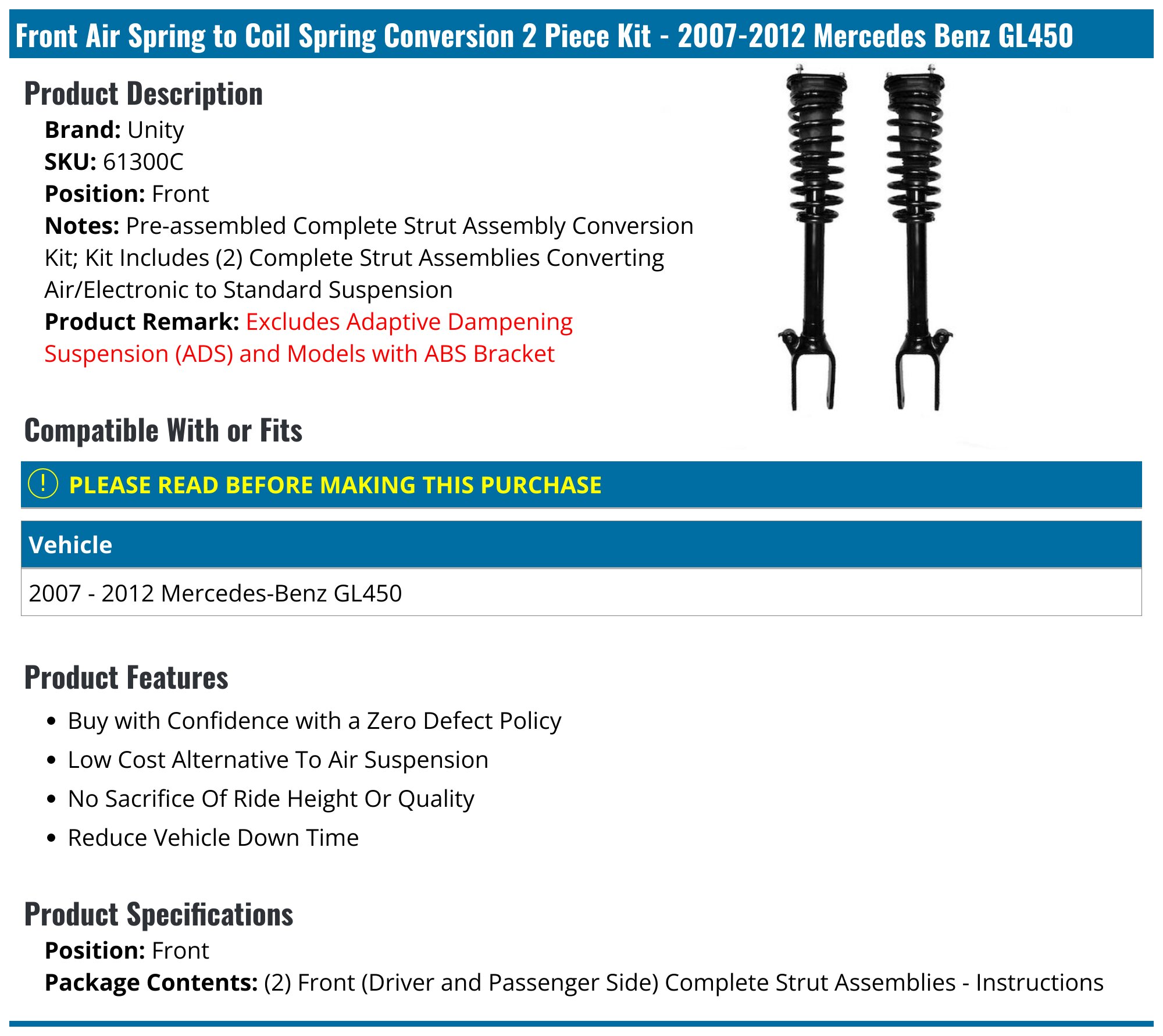 2007-2012 Mercedes GL450 Air Spring to Coil Spring Conversion Kit ...