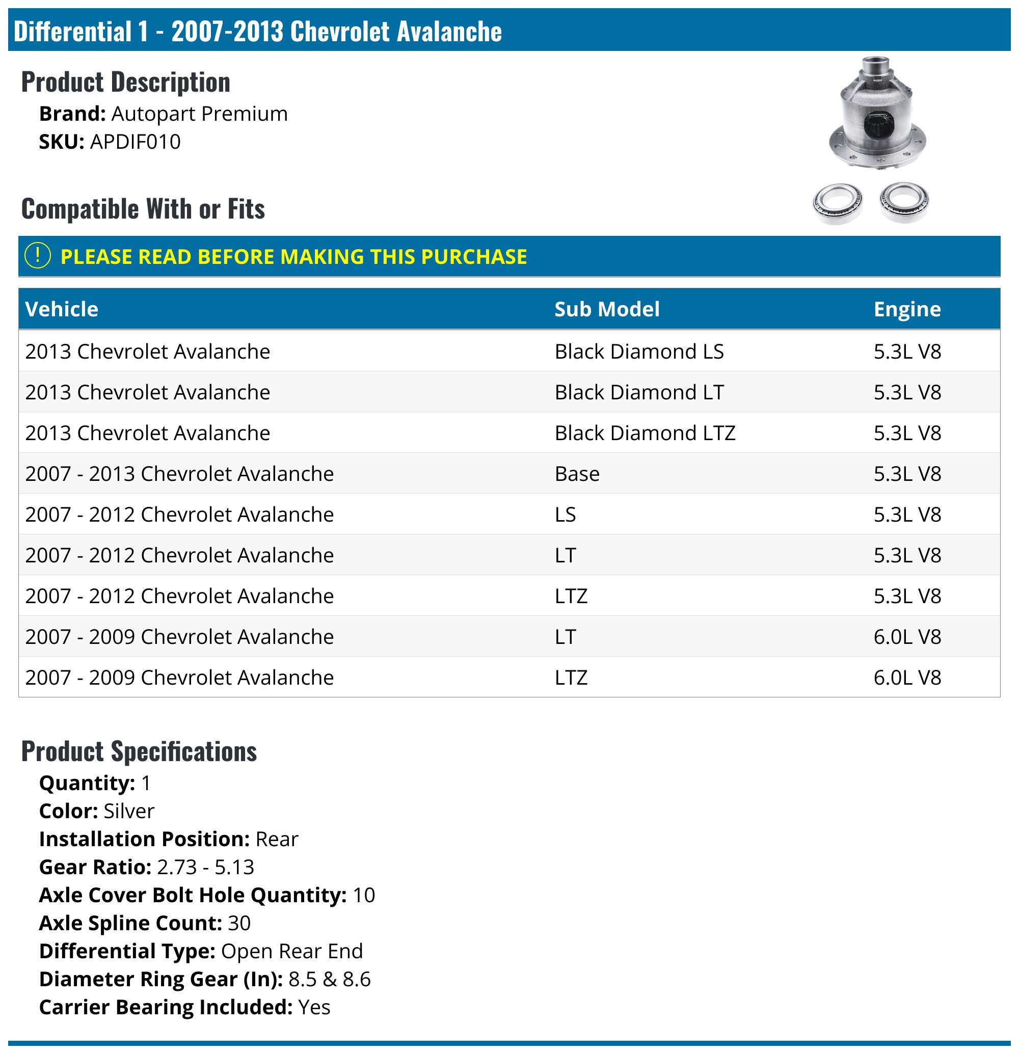 2007-2013 Chevrolet Avalanche Differential - Autopart Premium APDIF010 ...