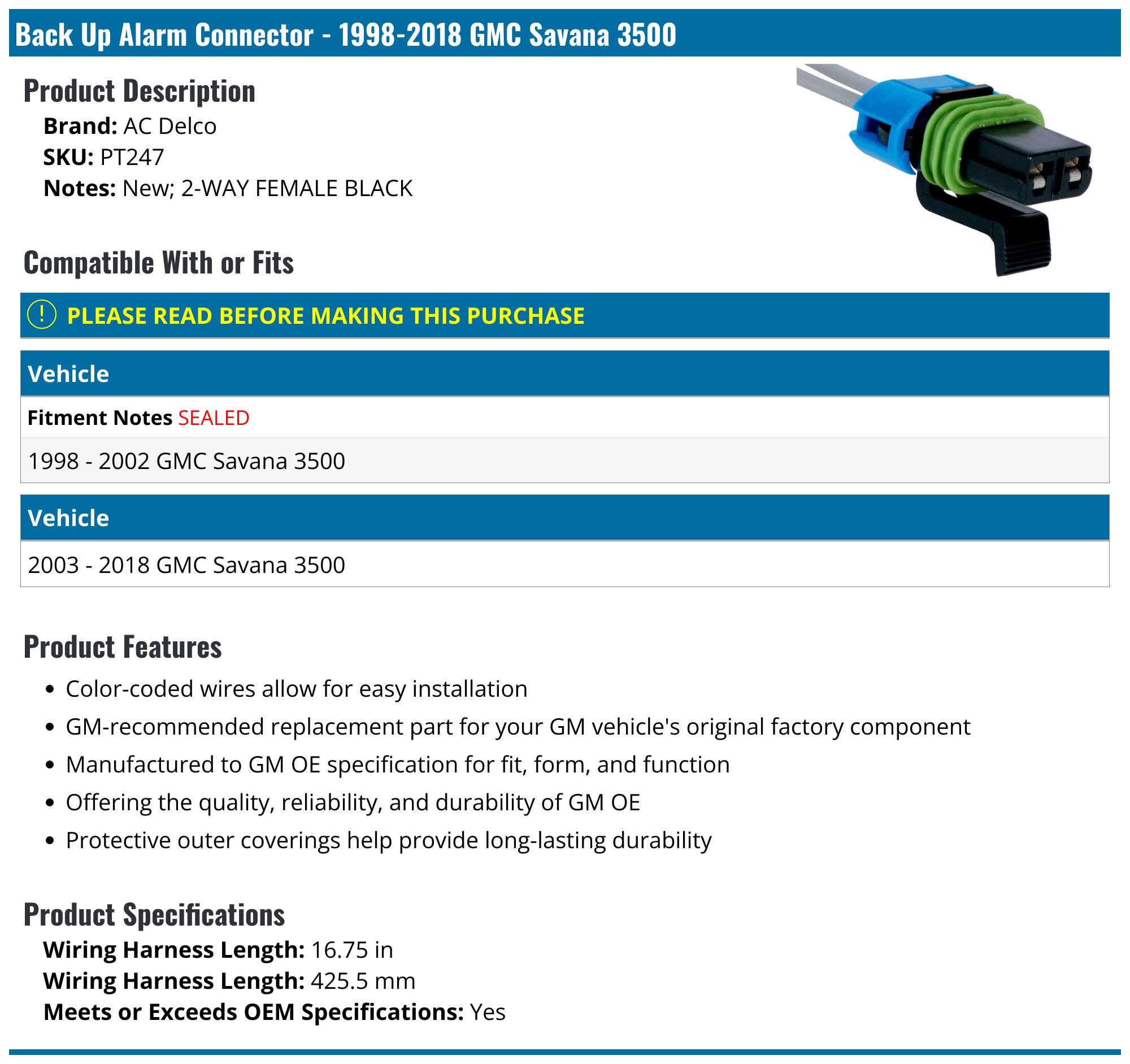1998-2018 GMC Savana 3500 Back Up Alarm Connector - AC Delco PT247 ...
