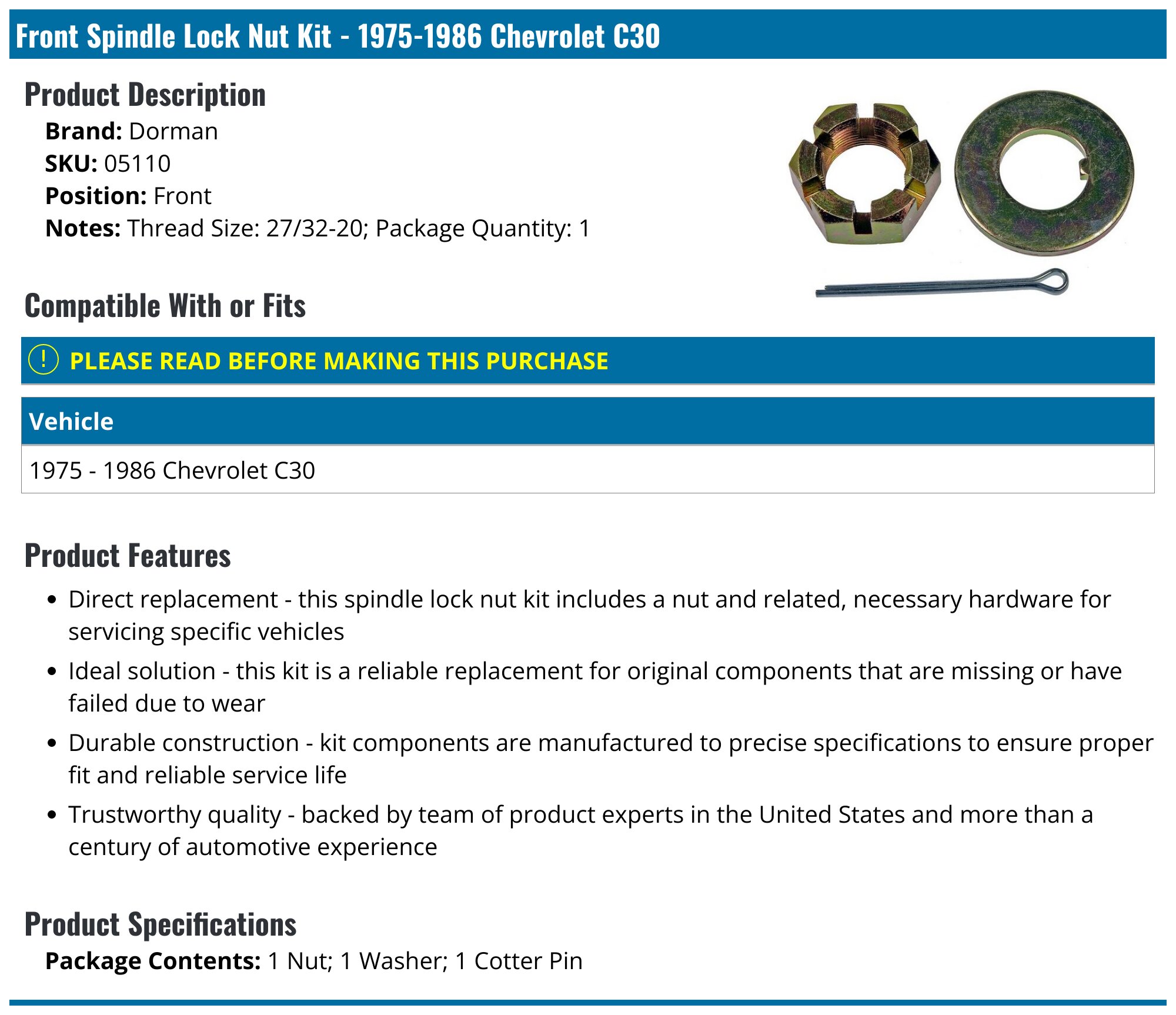 1975-1986 Chevrolet C30 Spindle Lock Nut Kit - Dorman 05110 - Front ...