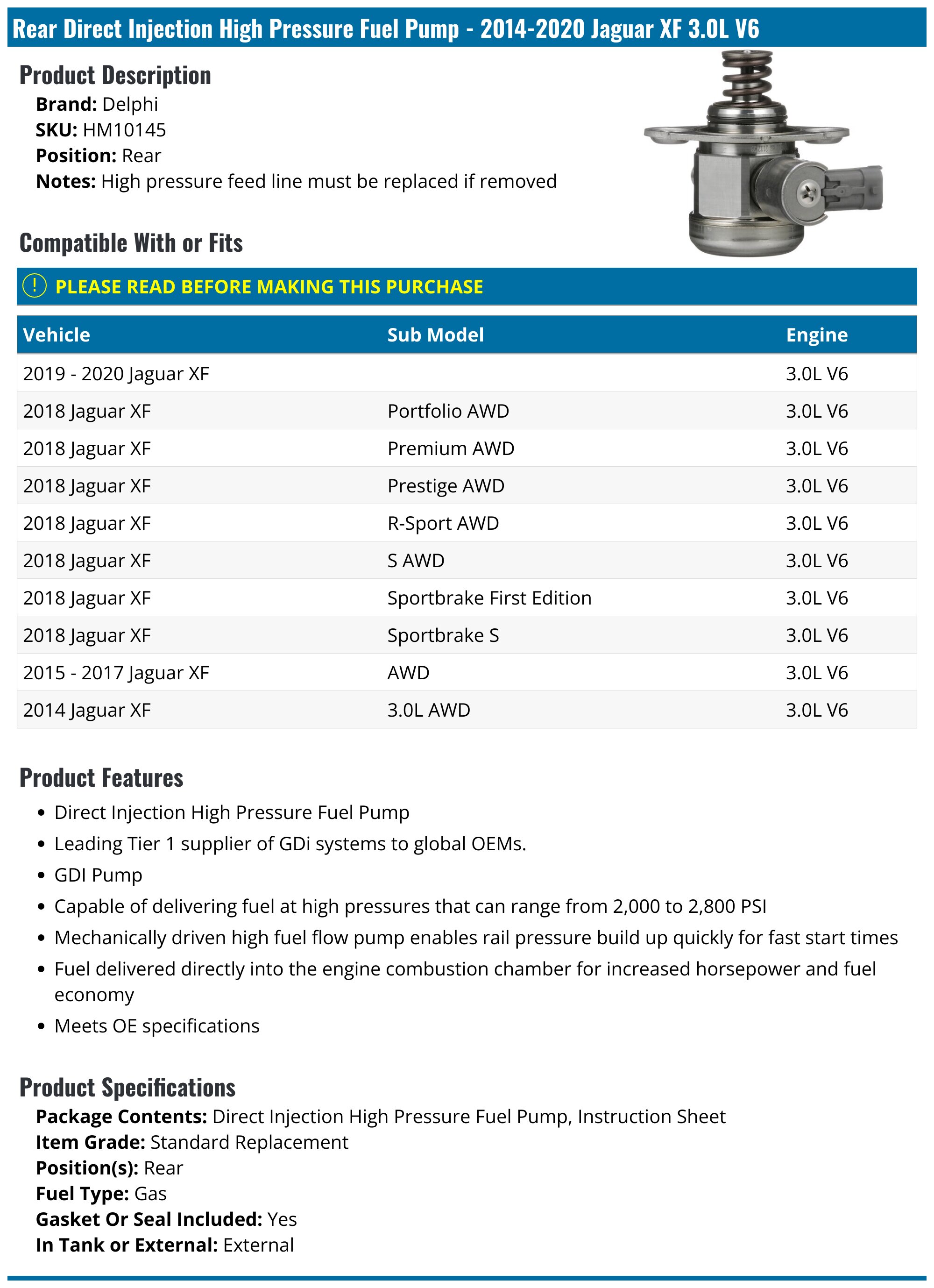 2014-2020 Jaguar XF Fuel Pump - Delphi HM10145 - Rear - PartsGeek.com