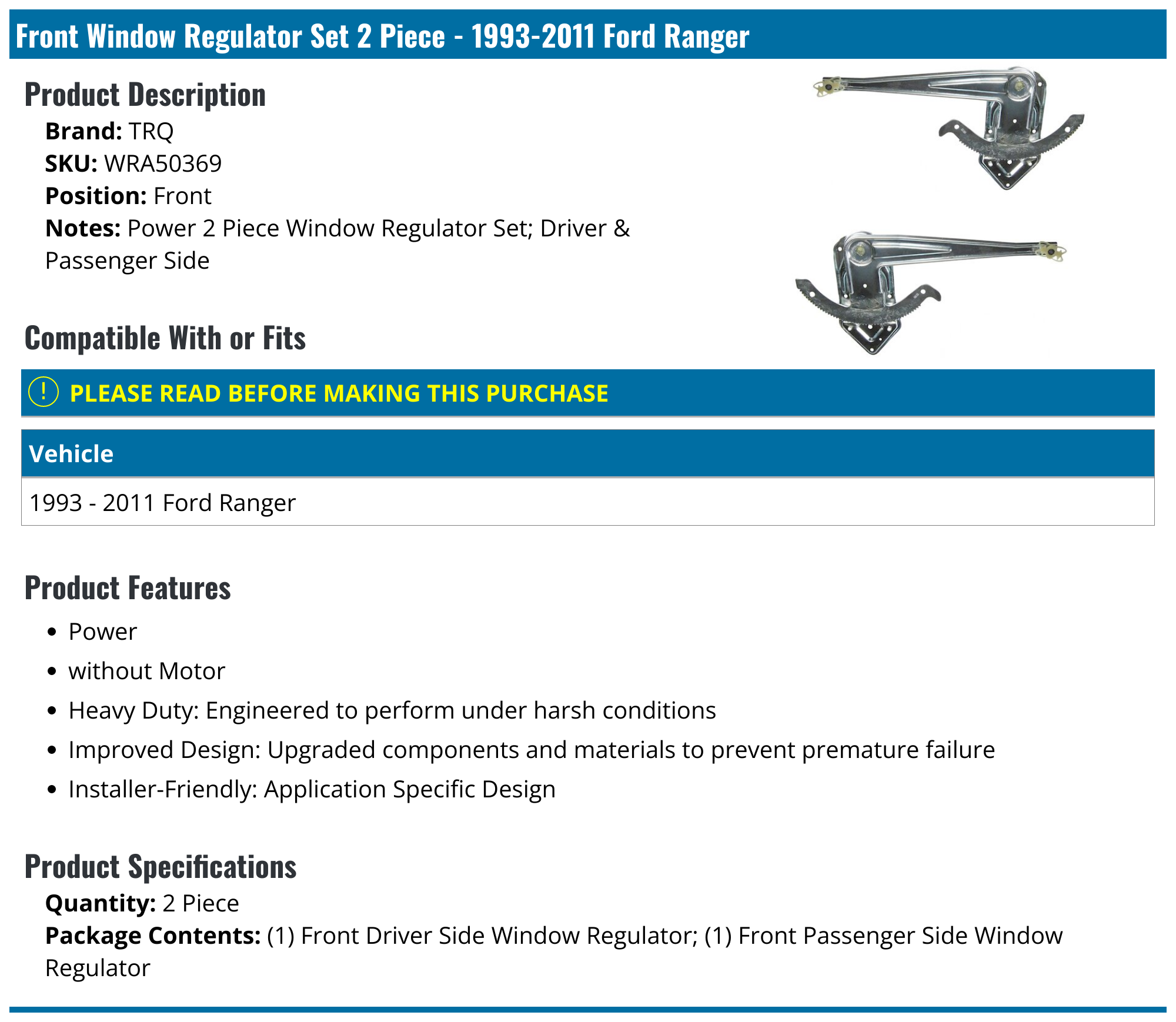 1993-2011 Ford Ranger Window Regulator - TRQ WRA50369 - Front ...