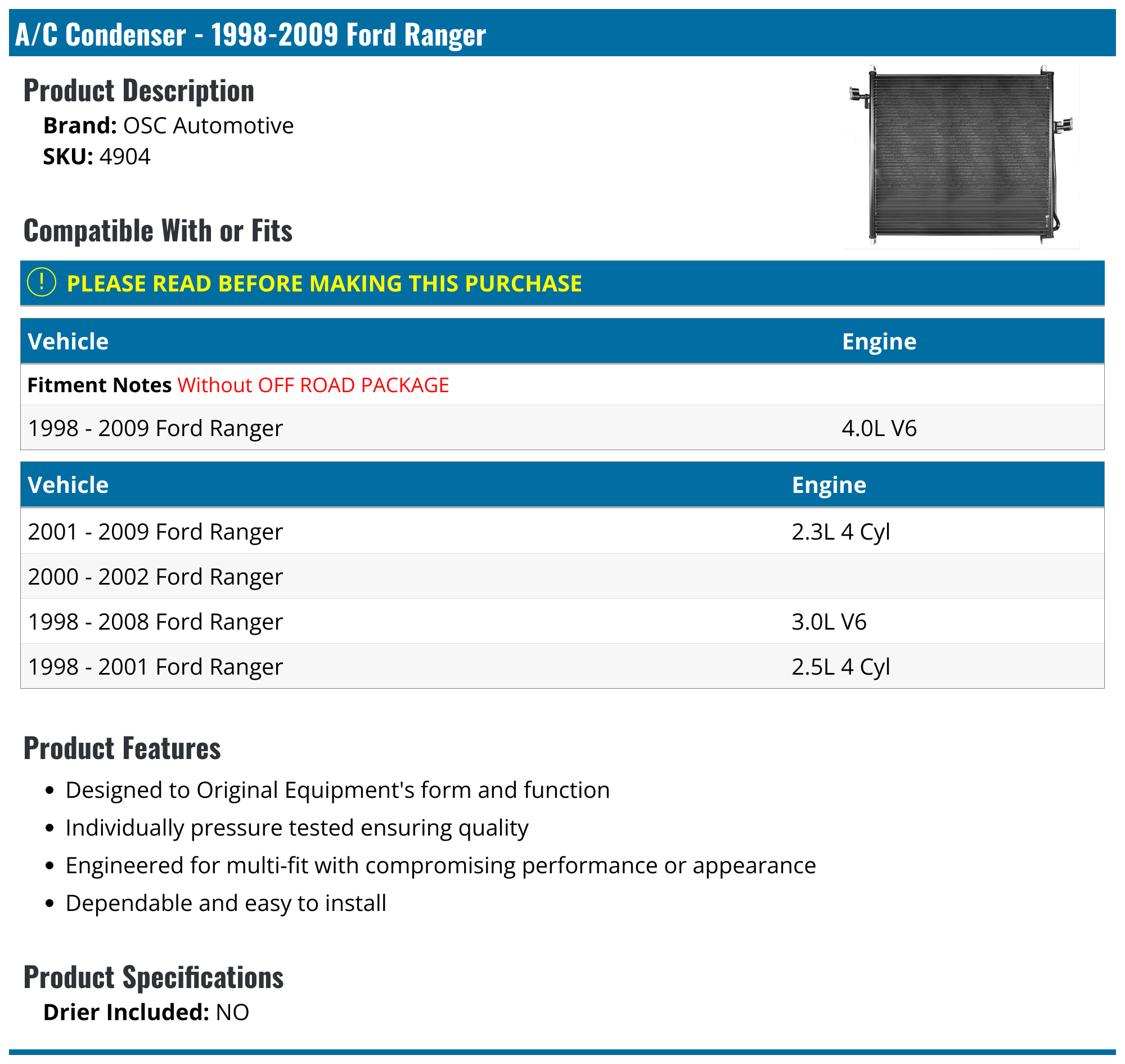 1998-2009 Ford Ranger A/C Condenser - OSC Automotive 4904 - PartsGeek.com