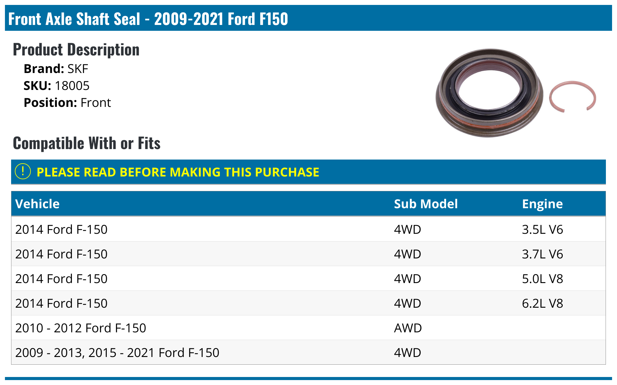 2009-2021 Ford F150 Axle Shaft Seal - SKF 18005 - Front - PartsGeek.com