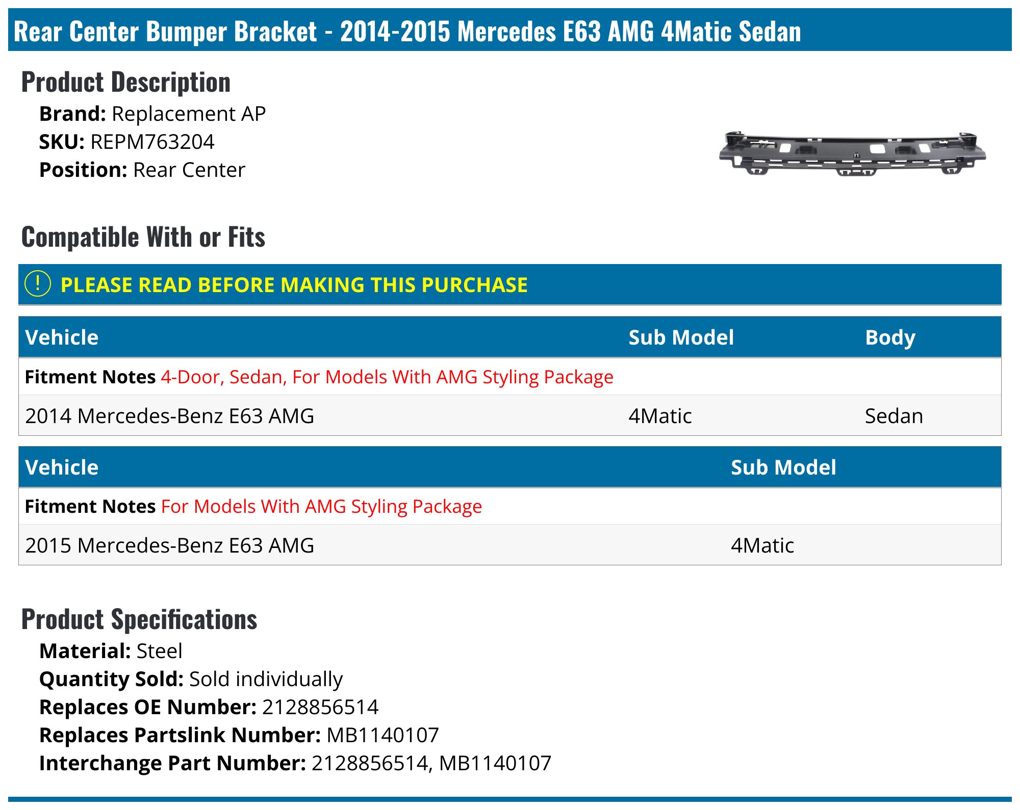 2014-2015 Mercedes E63 AMG Bumper Bracket - Replacement AP REPM763204 ...
