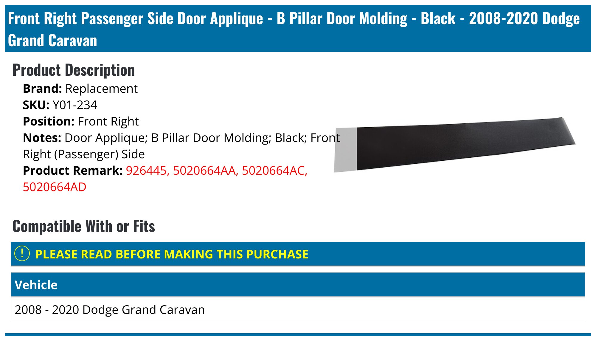 2008-2020 Dodge Grand Caravan Door Applique - Replacement Y01-234 ...