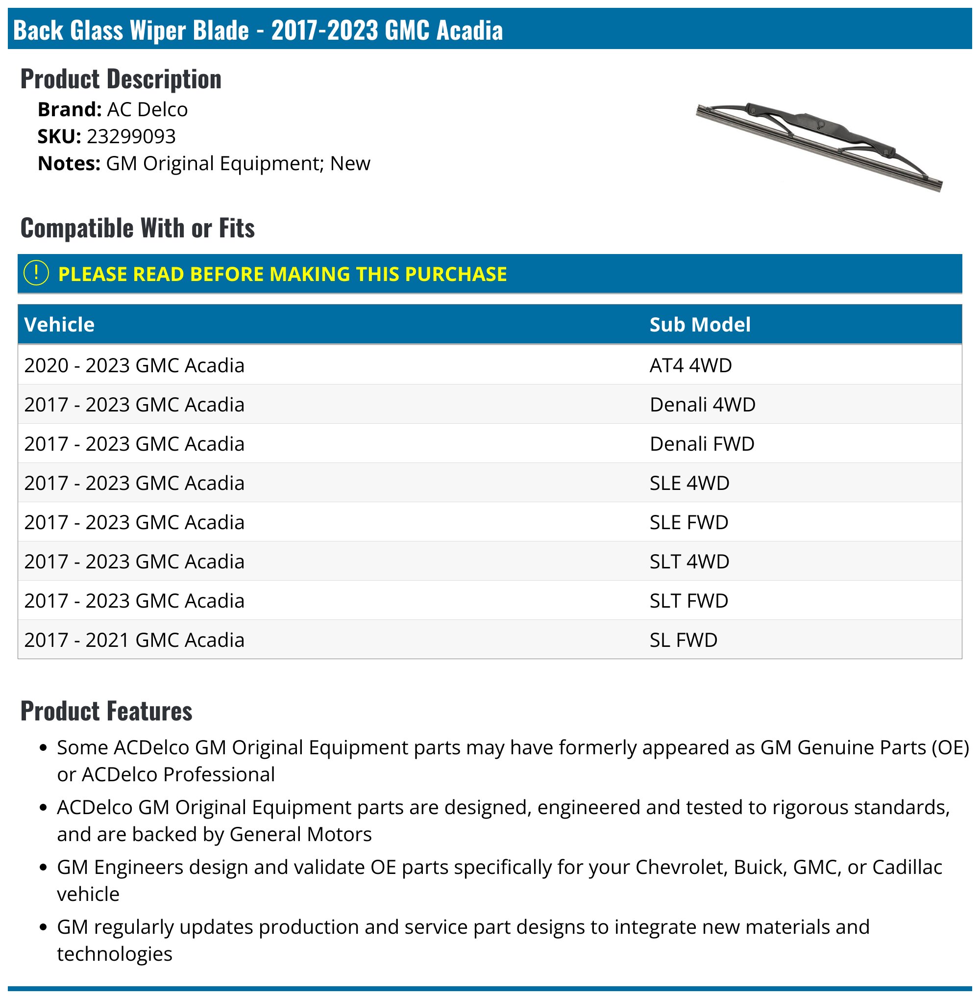 2017-2023 GMC Acadia Back Glass Wiper Blade - AC Delco 23299093 ...