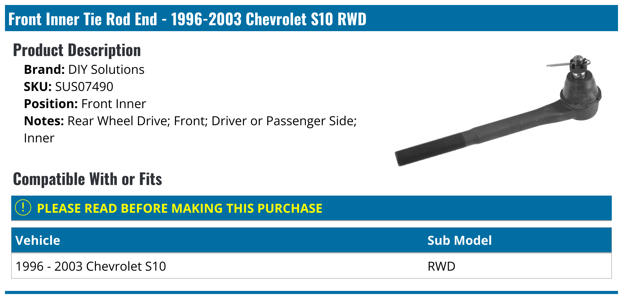 1996-2003 Chevrolet S10 Tie Rod End - DIY Solutions SUS07490 - Front ...
