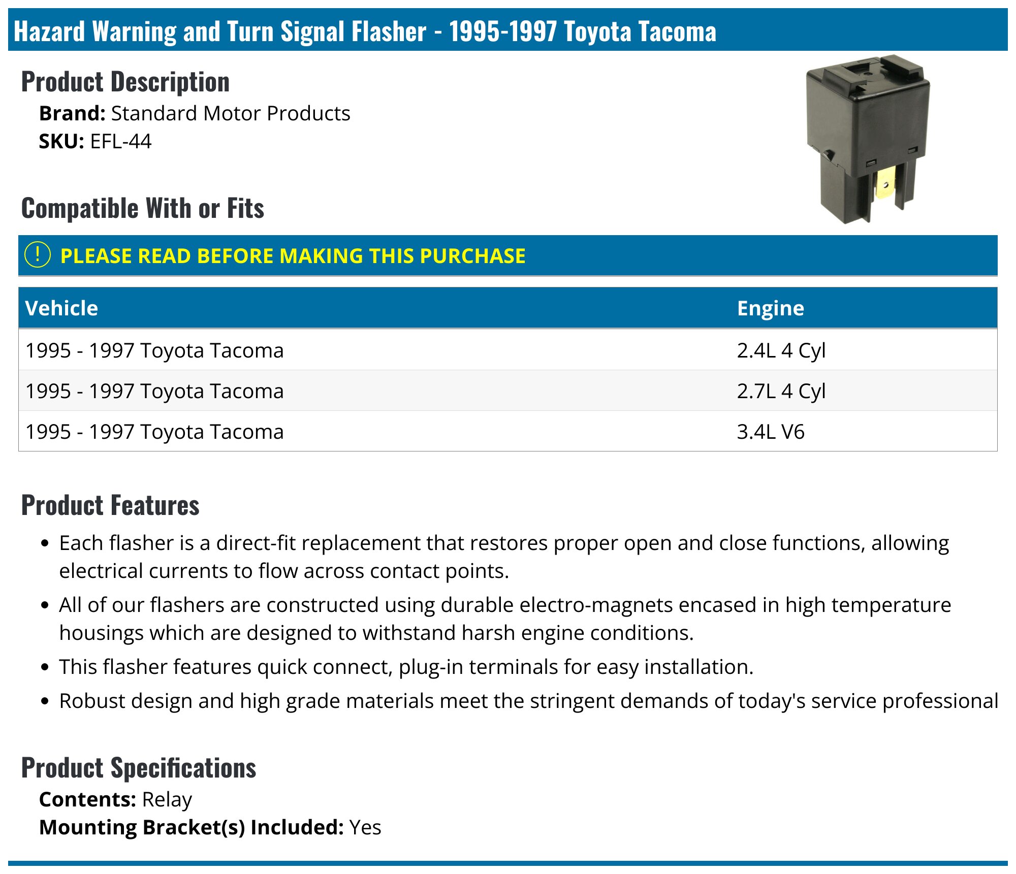 1995-1997 Toyota Tacoma Hazard Warning Flasher - Standard Motor ...