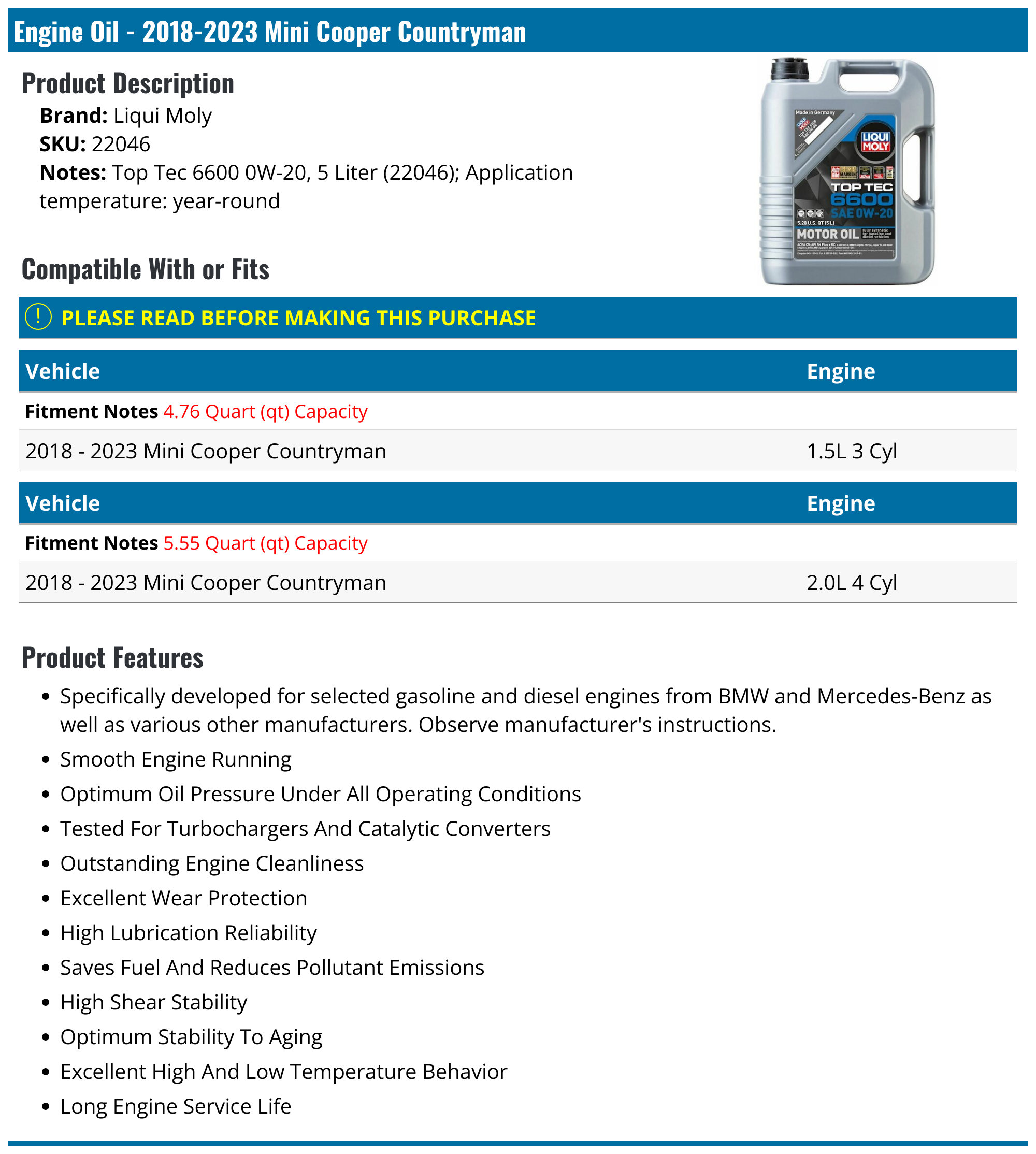 2017-2024 Mini Cooper Countryman Engine Oil - Liqui Moly 22046 ...