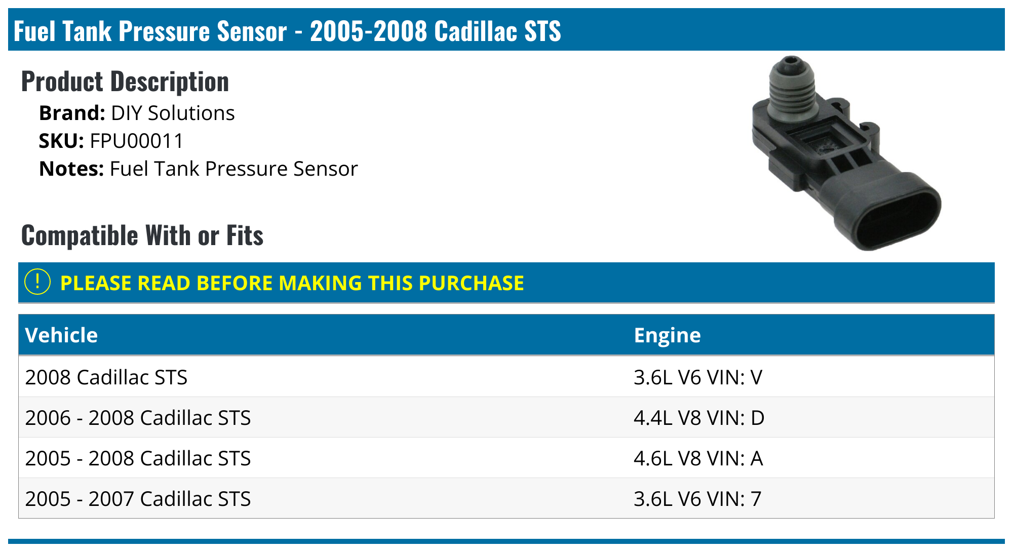 2005-2008 Cadillac STS Fuel Tank Pressure Sensor - DIY Solutions ...