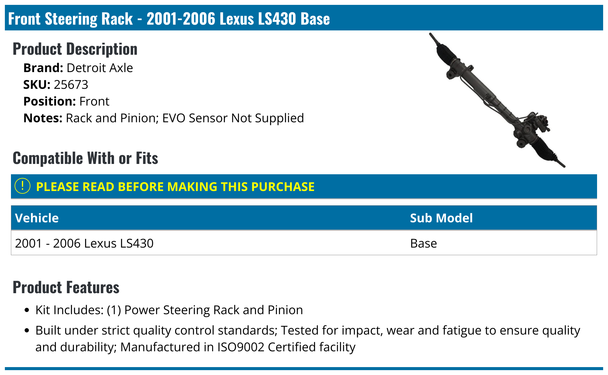 2001-2006 Lexus LS430 Steering Rack - Detroit Axle 25673 - Front ...
