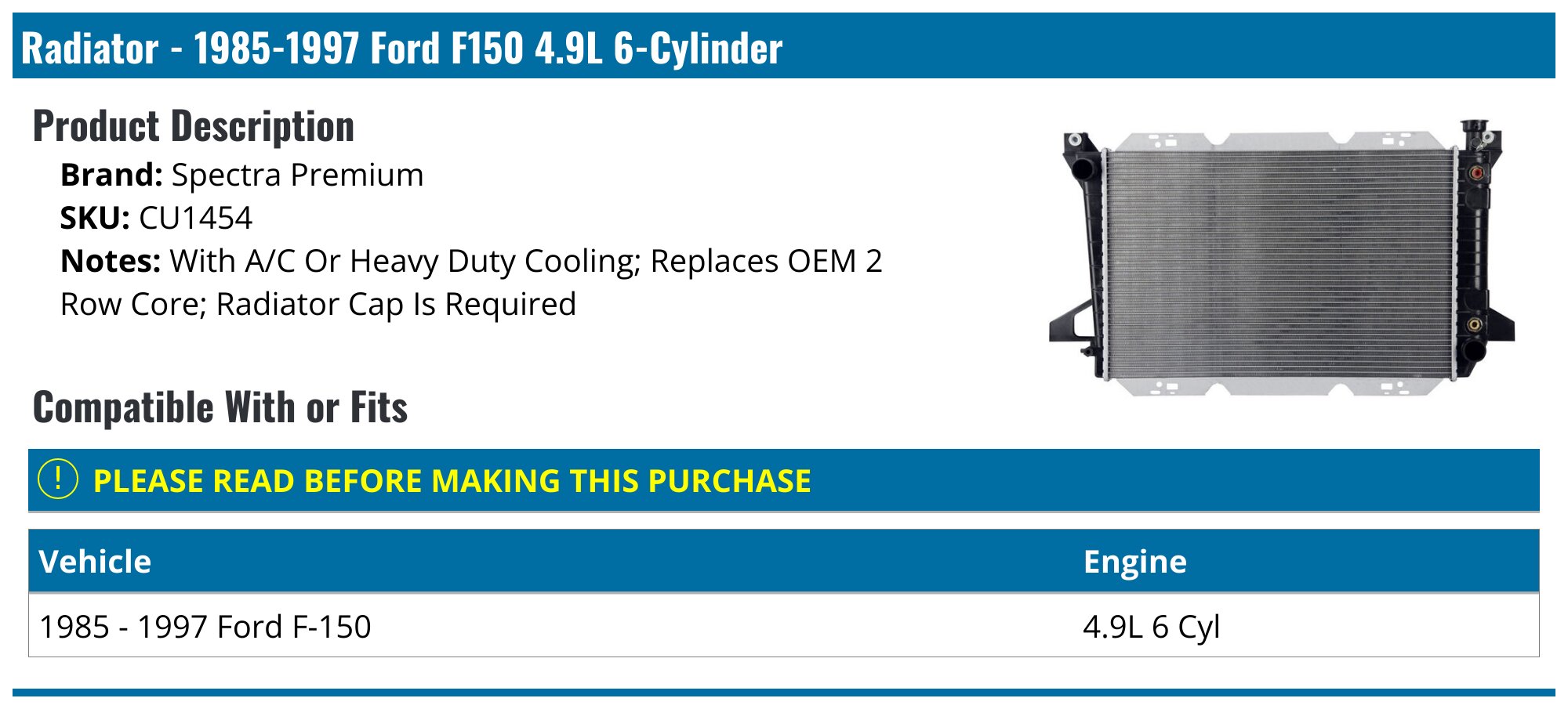 1985-1997 Ford F150 Radiator - Spectra Premium CU1454 - - PartsGeek.com