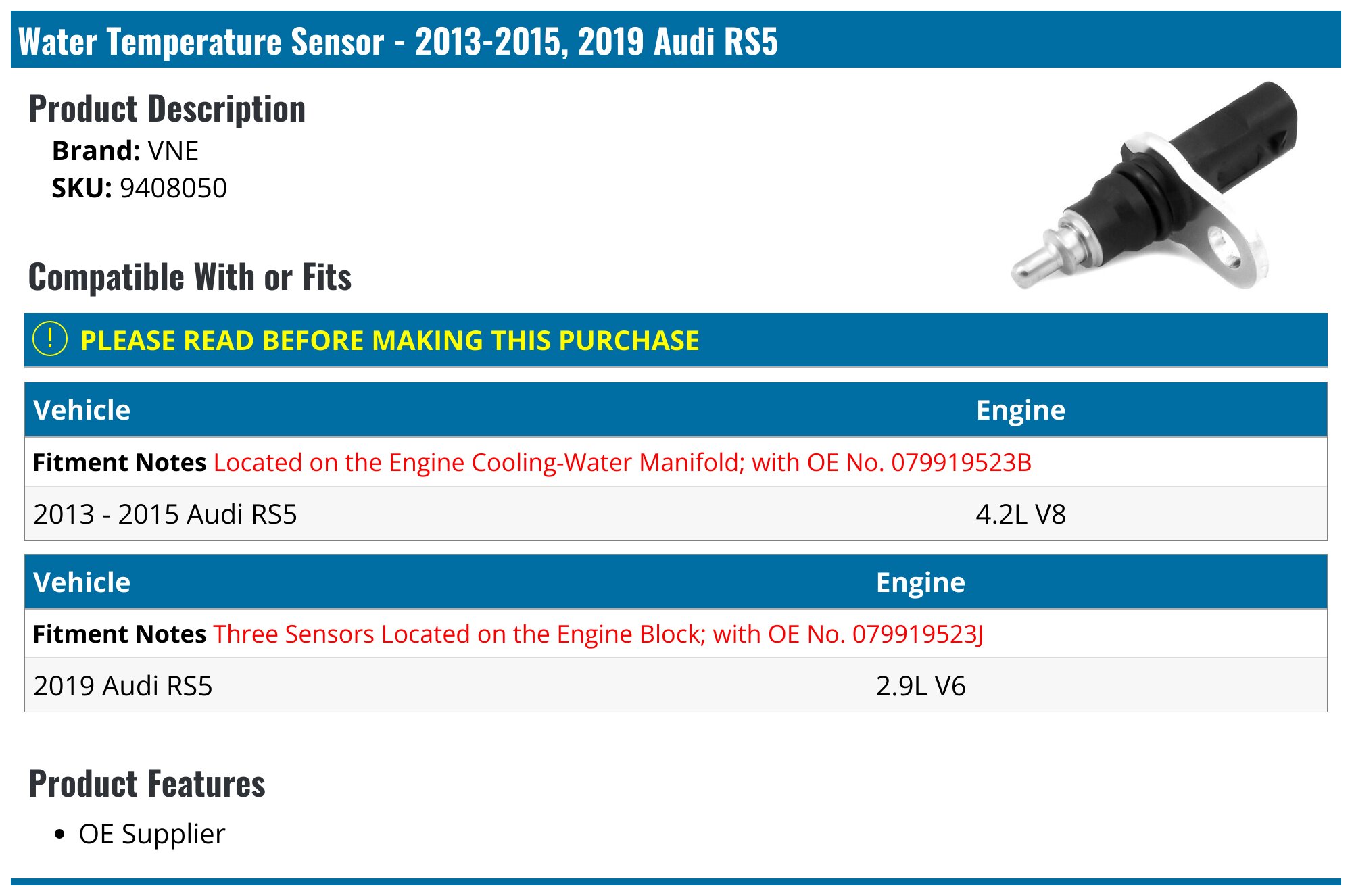 2013-2015, 2019, 2021-2024 Audi RS5 Water Temperature Sensor - VNE ...