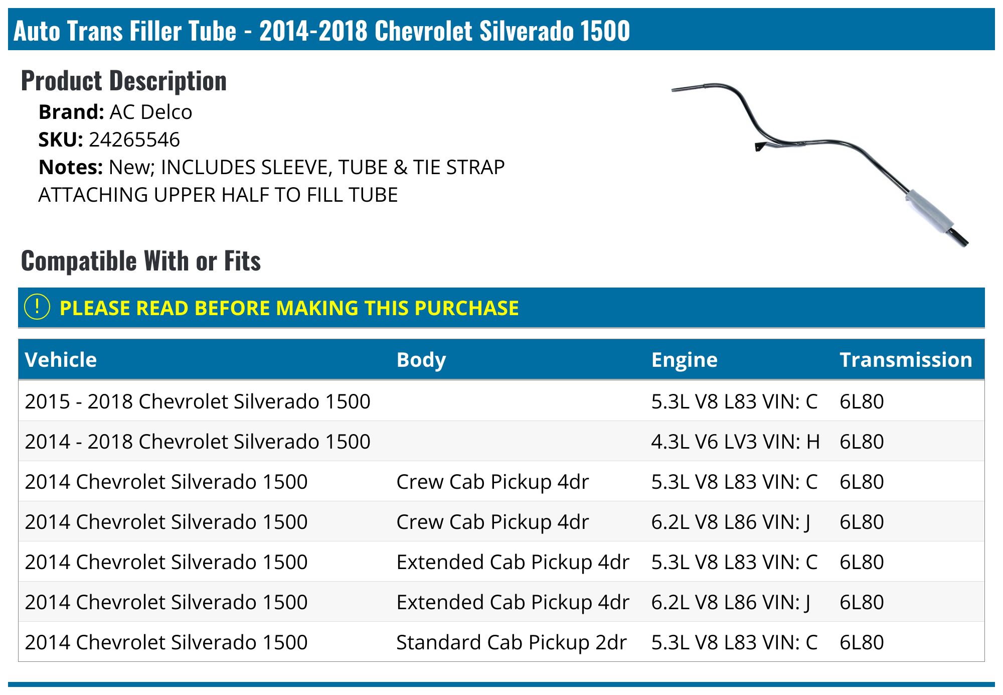 2014-2018 Chevrolet Silverado 1500 Auto Trans Filler Tube - AC Delco ...
