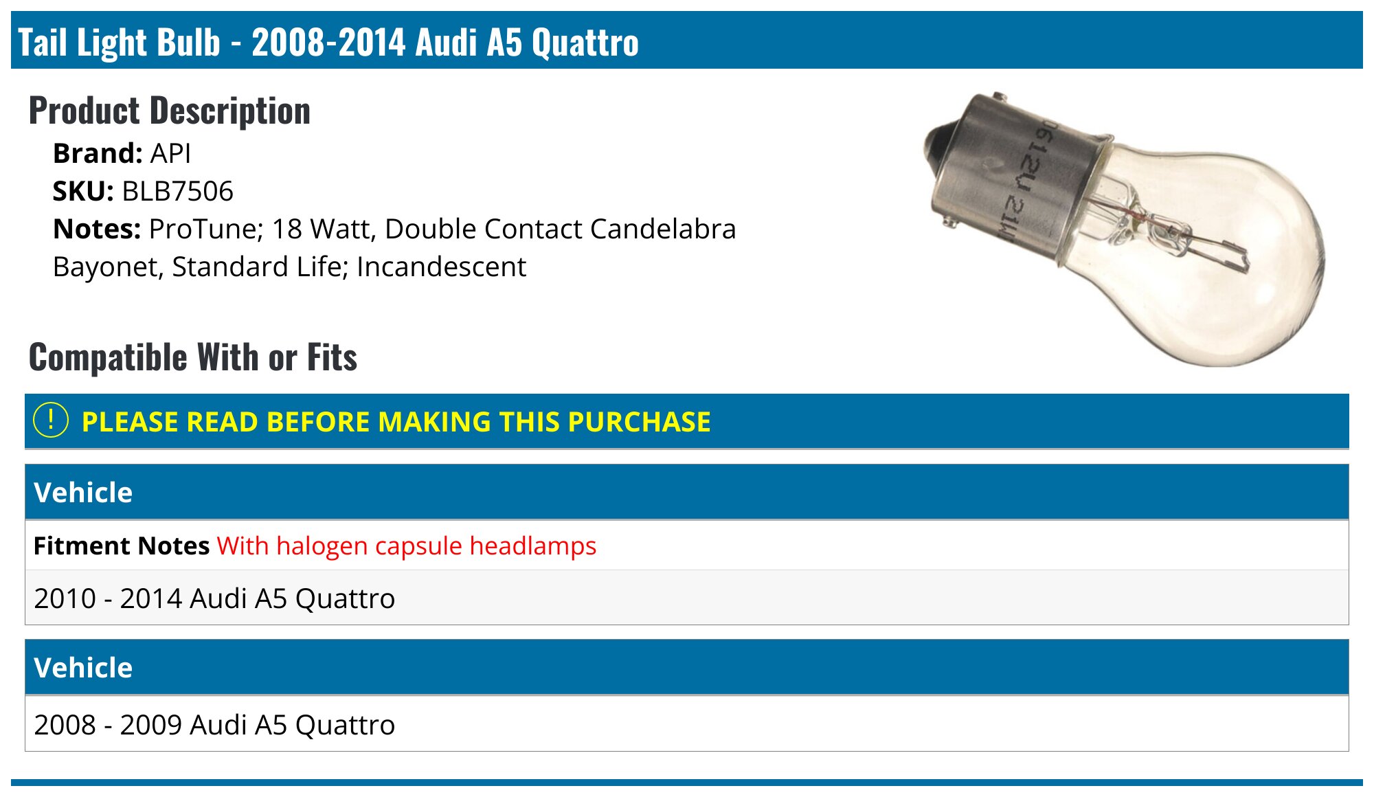 2008-2014 Audi A5 Quattro Tail Light Bulb - API 28887-07890520 ...