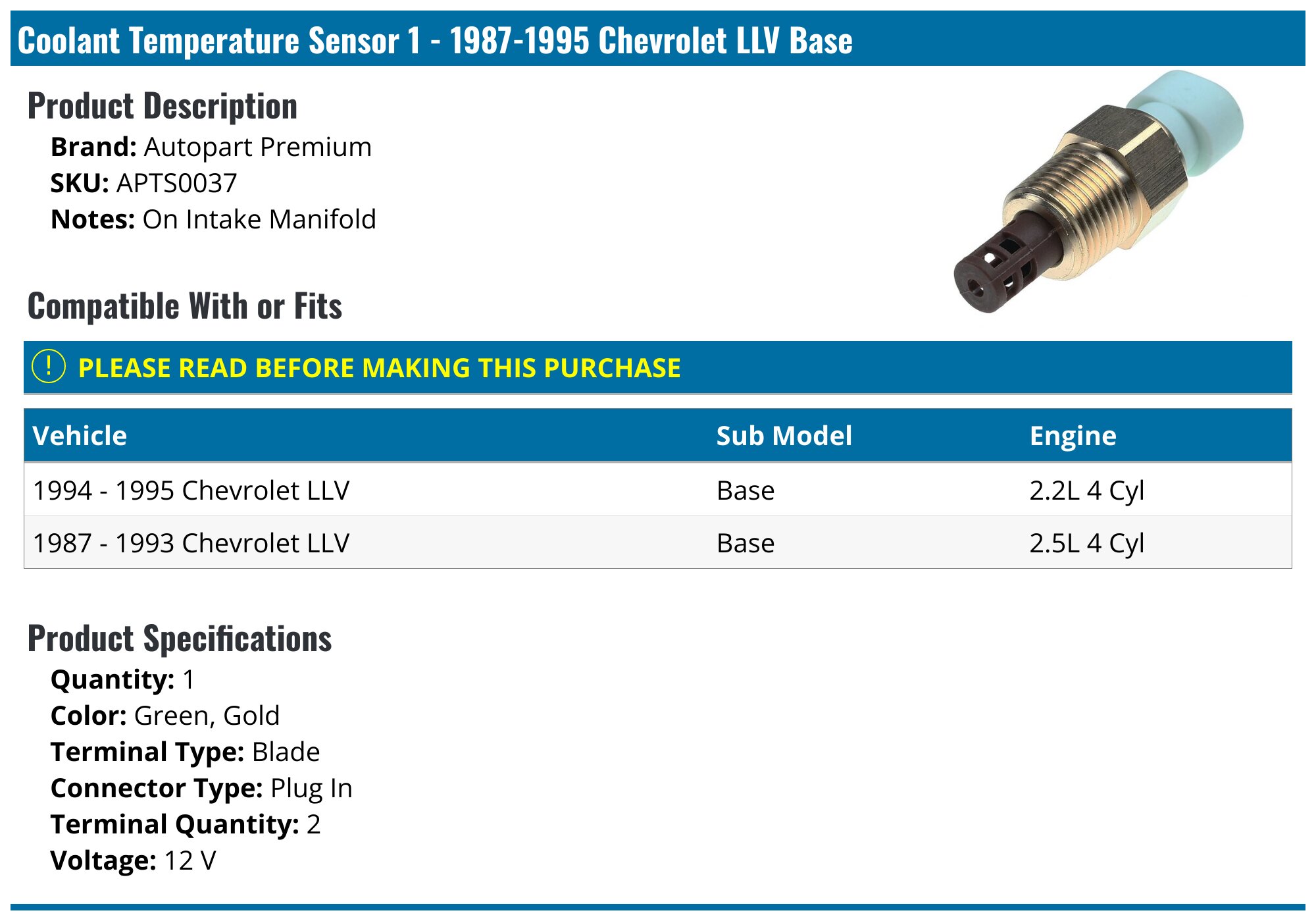 1987-1995 Chevrolet LLV Engine Coolant Temperature Sensor - Autopart ...