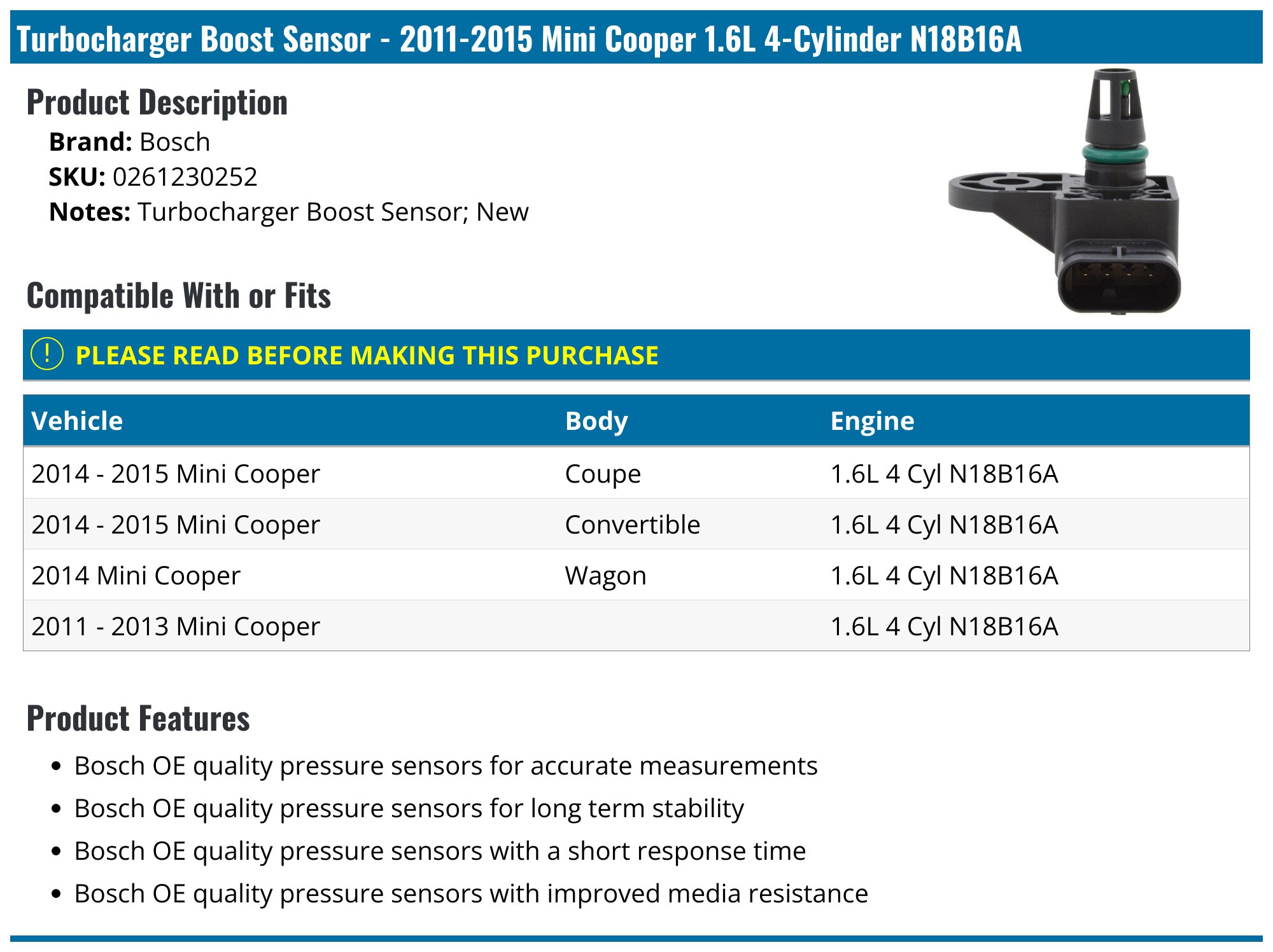 2011-2015 Mini Cooper Turbocharger Boost Sensor - Bosch 0261230252 ...