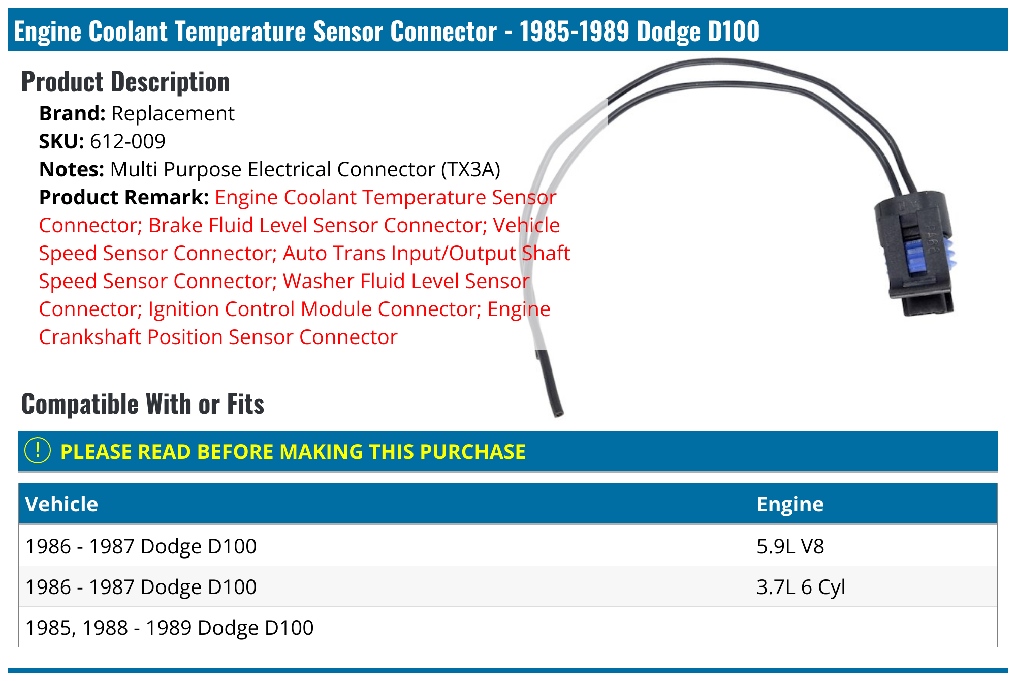 1985-1989 Dodge D100 Engine Coolant Temperature Sensor Connector ...