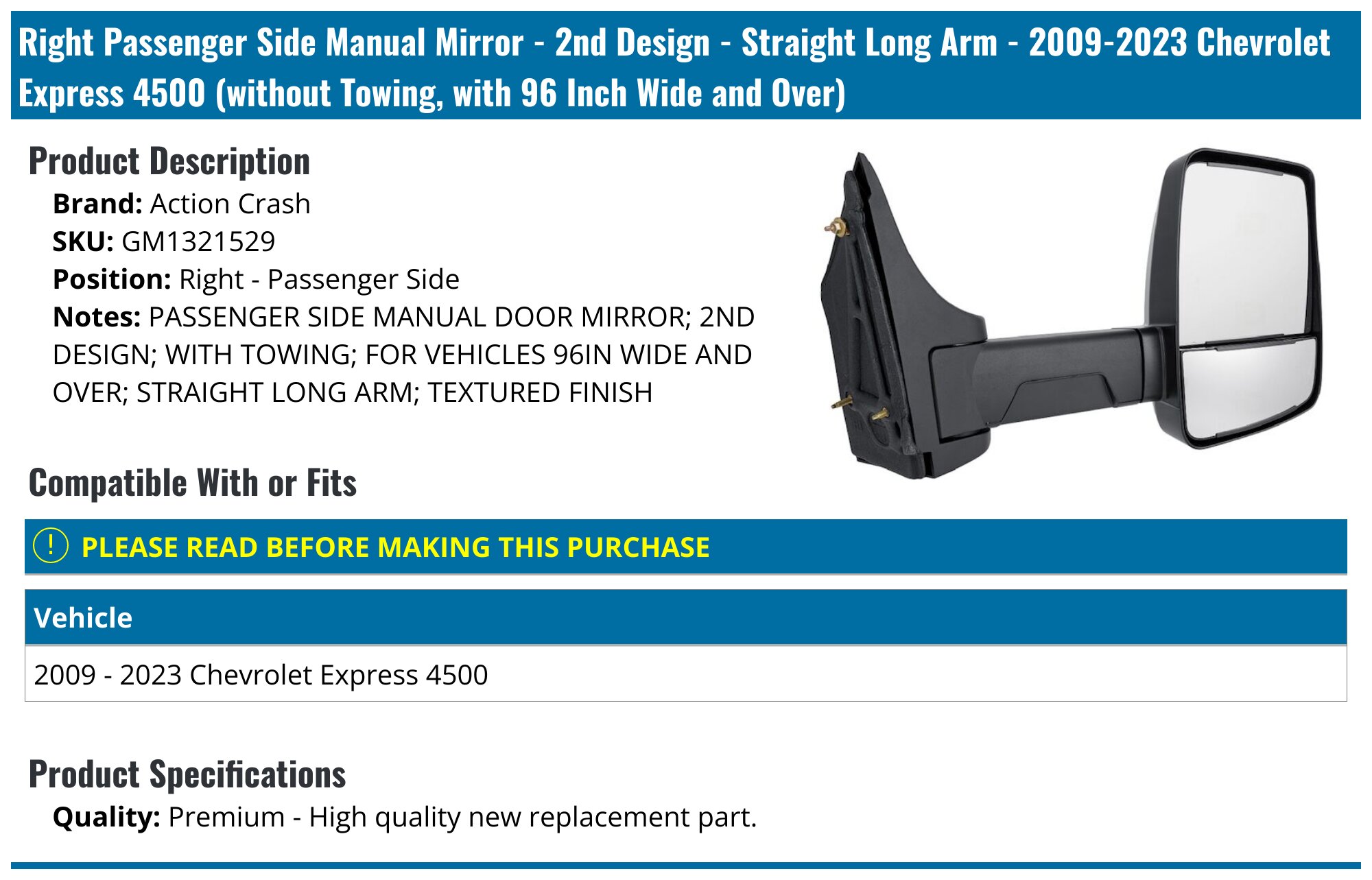 2009-2023 Chevrolet Express 4500 Mirror - Action Crash GM1321529 ...