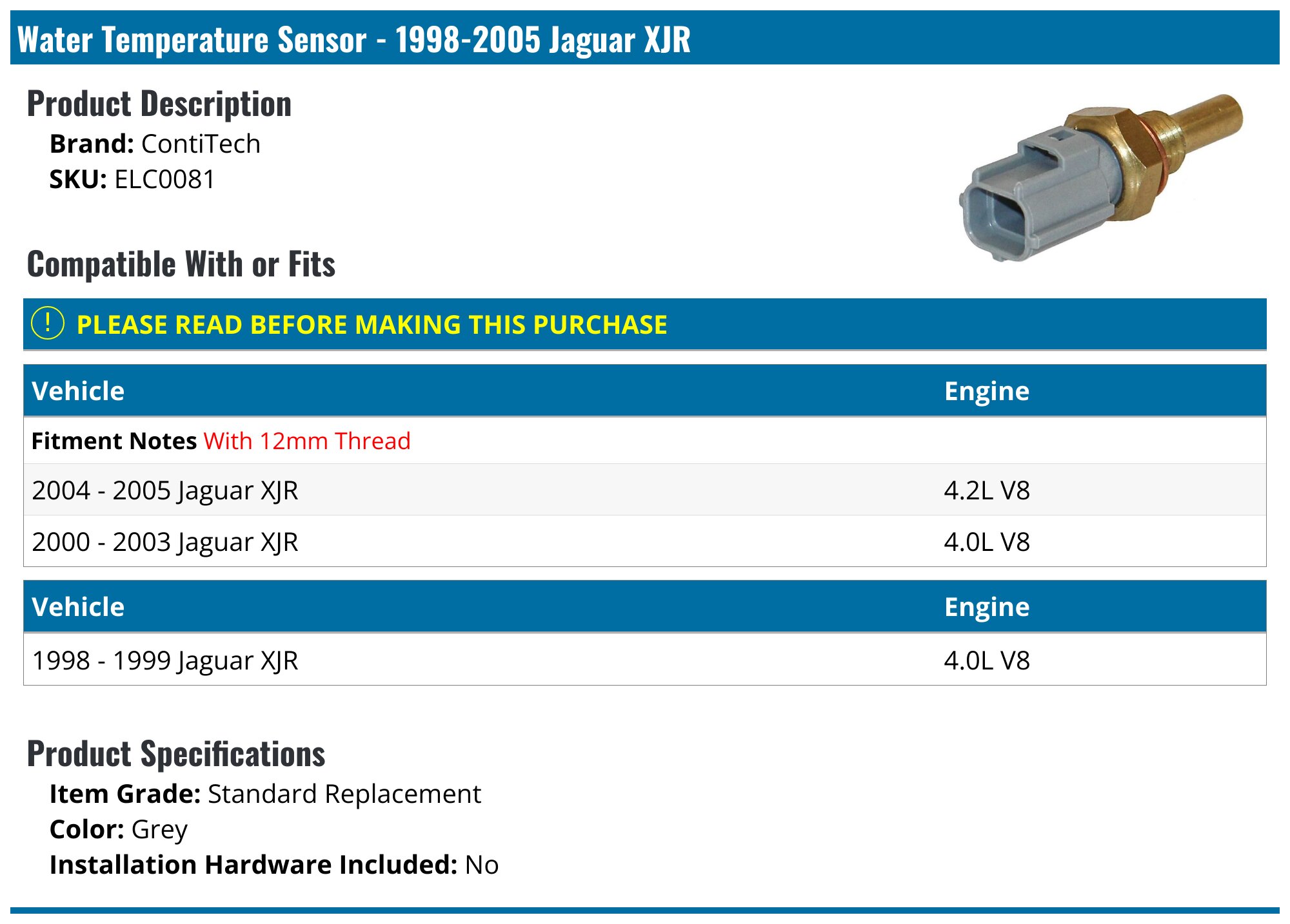 1998-2005 Jaguar XJR Water Temperature Sensor - ContiTech ELC0081 ...