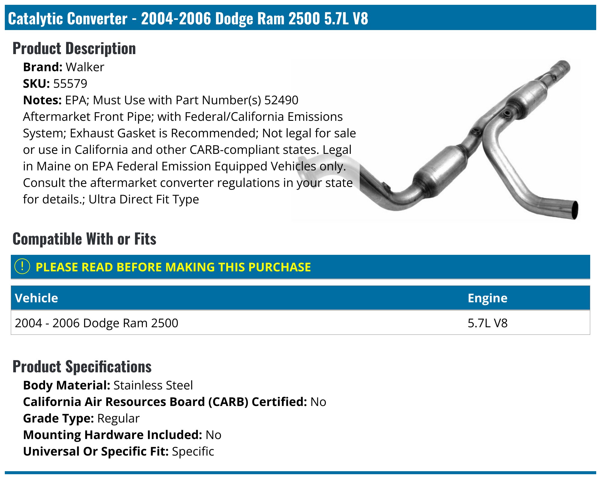 2004-2006 Dodge Ram 2500 Catalytic Converter - Walker 55579 - PartsGeek.com