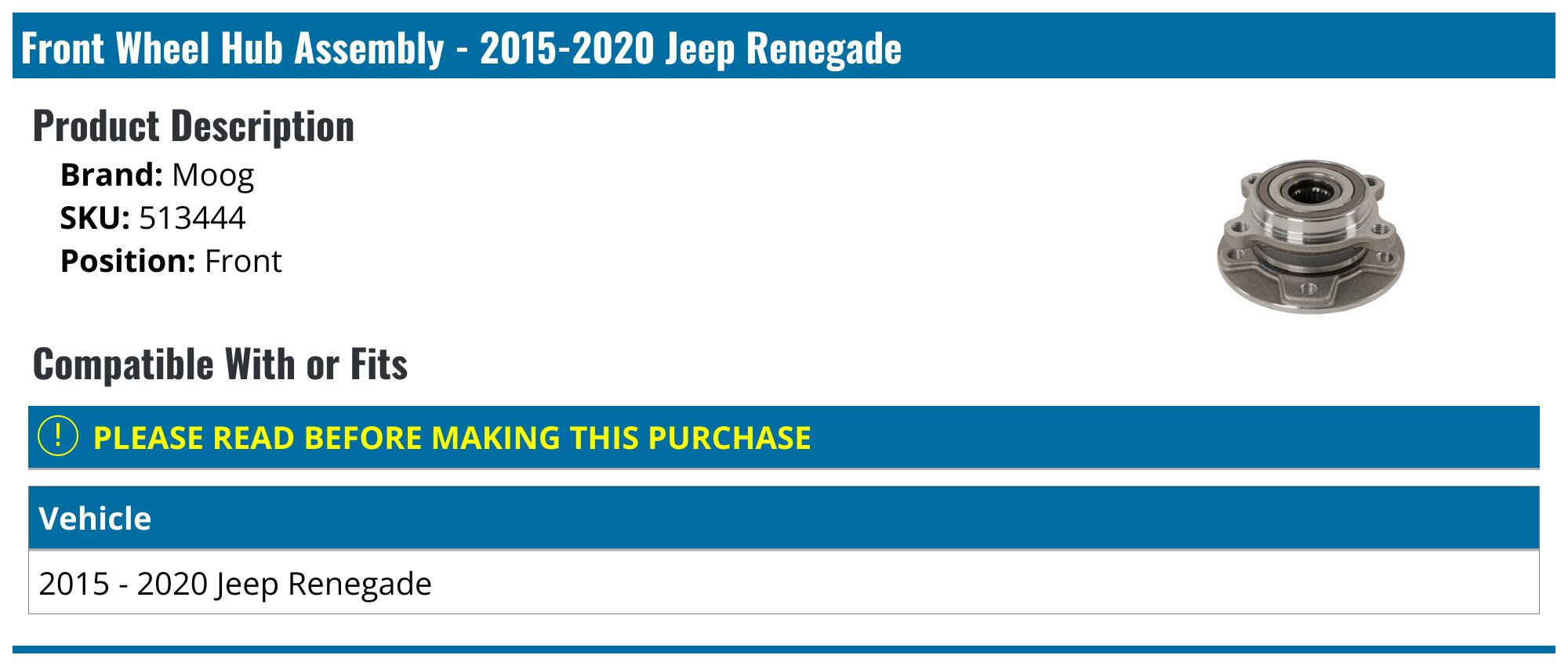 2015-2023 Jeep Renegade Wheel Hub Assembly - Moog 513444 - Rear ...