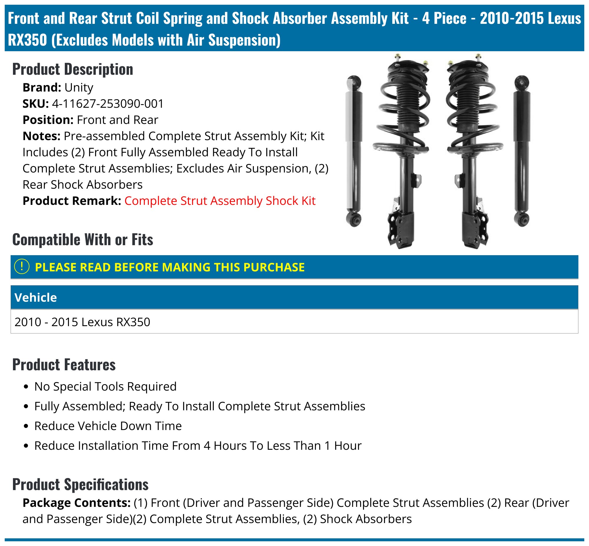 2010-2015 Lexus RX350 Strut Assembly - Unity 4-11627-253090-001 - Front ...
