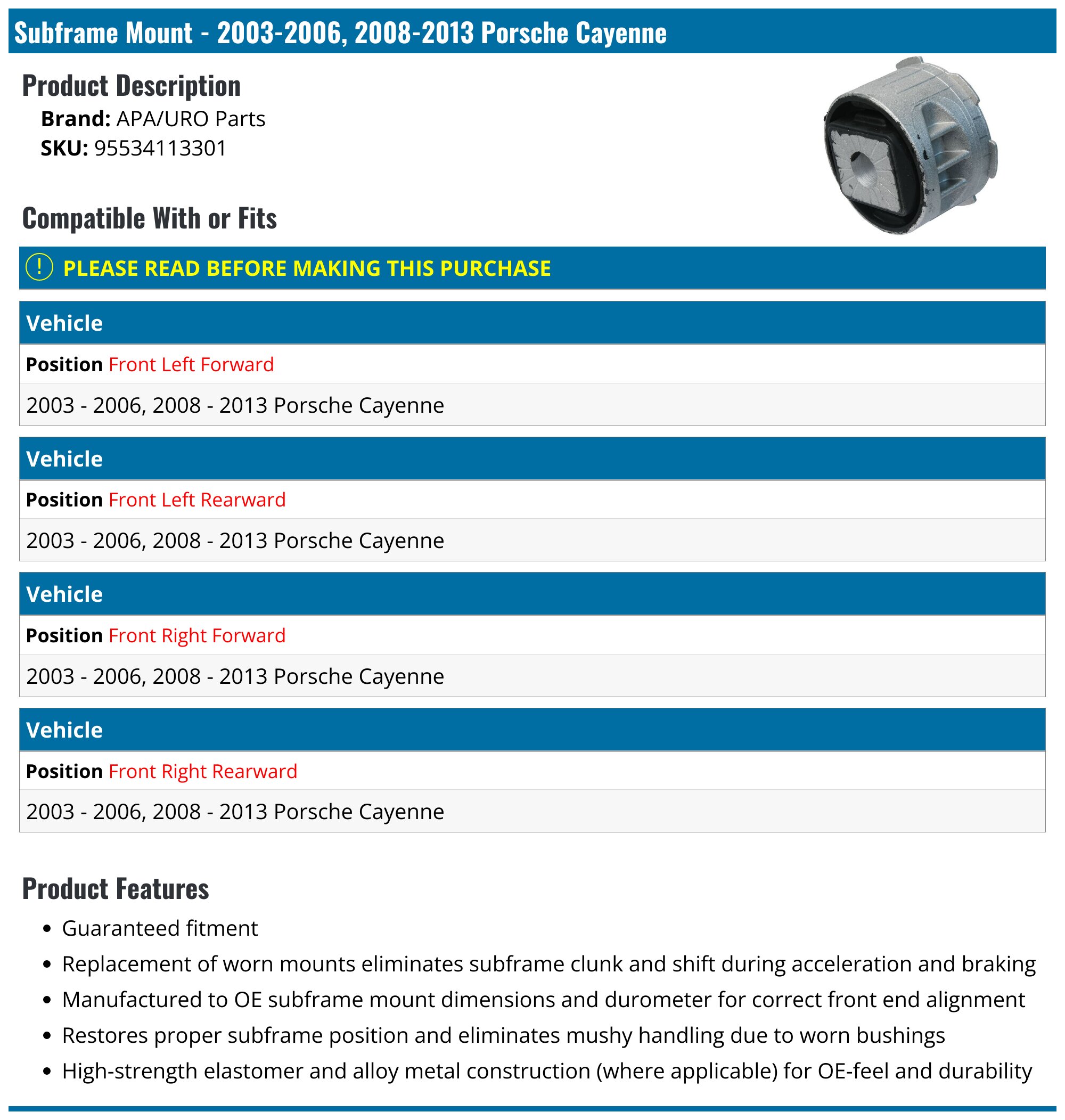 2003-2006, 2008-2013 Porsche Cayenne Subframe Mount - APA/URO Parts ...